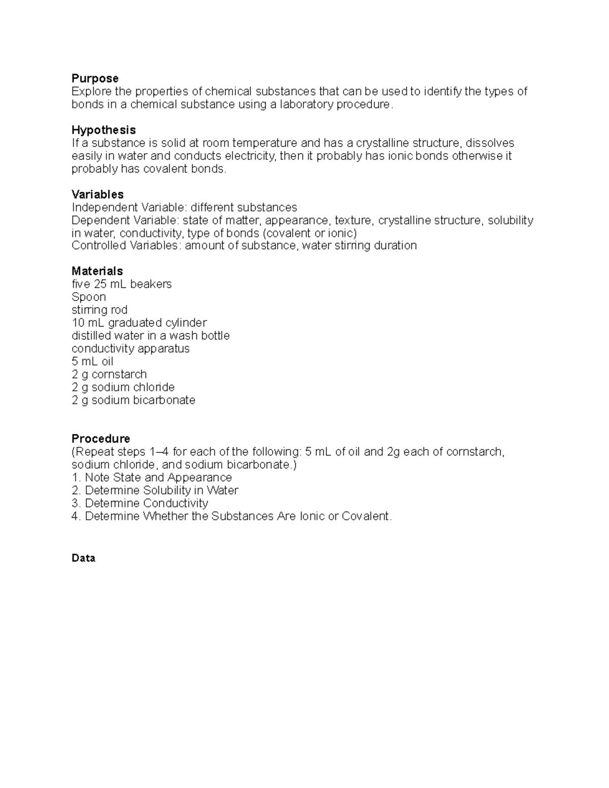 Ionic and Covalent Bonds lab report - Purpose Explore the properties of chemical substances that ...