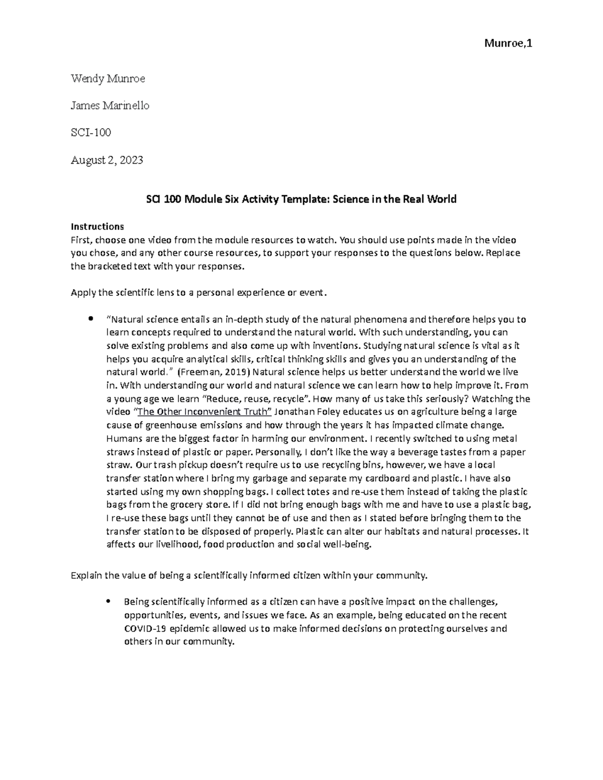 Sci 100 Module Six Activity Template You Should Use Points Made In