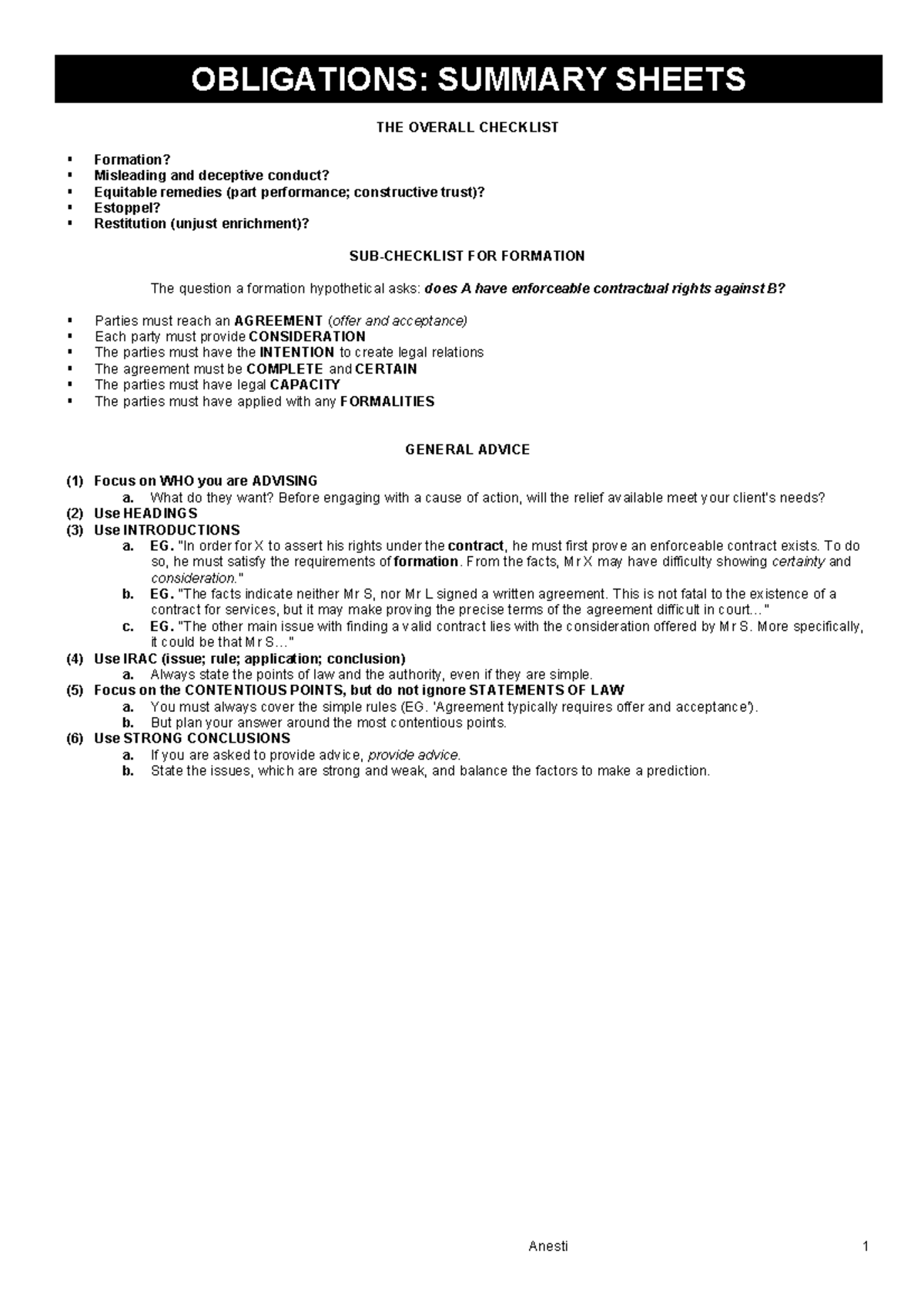 Obligations Summary Sheet Notes Anesti - Final - OBLIGATIONS: SUMMARY ...