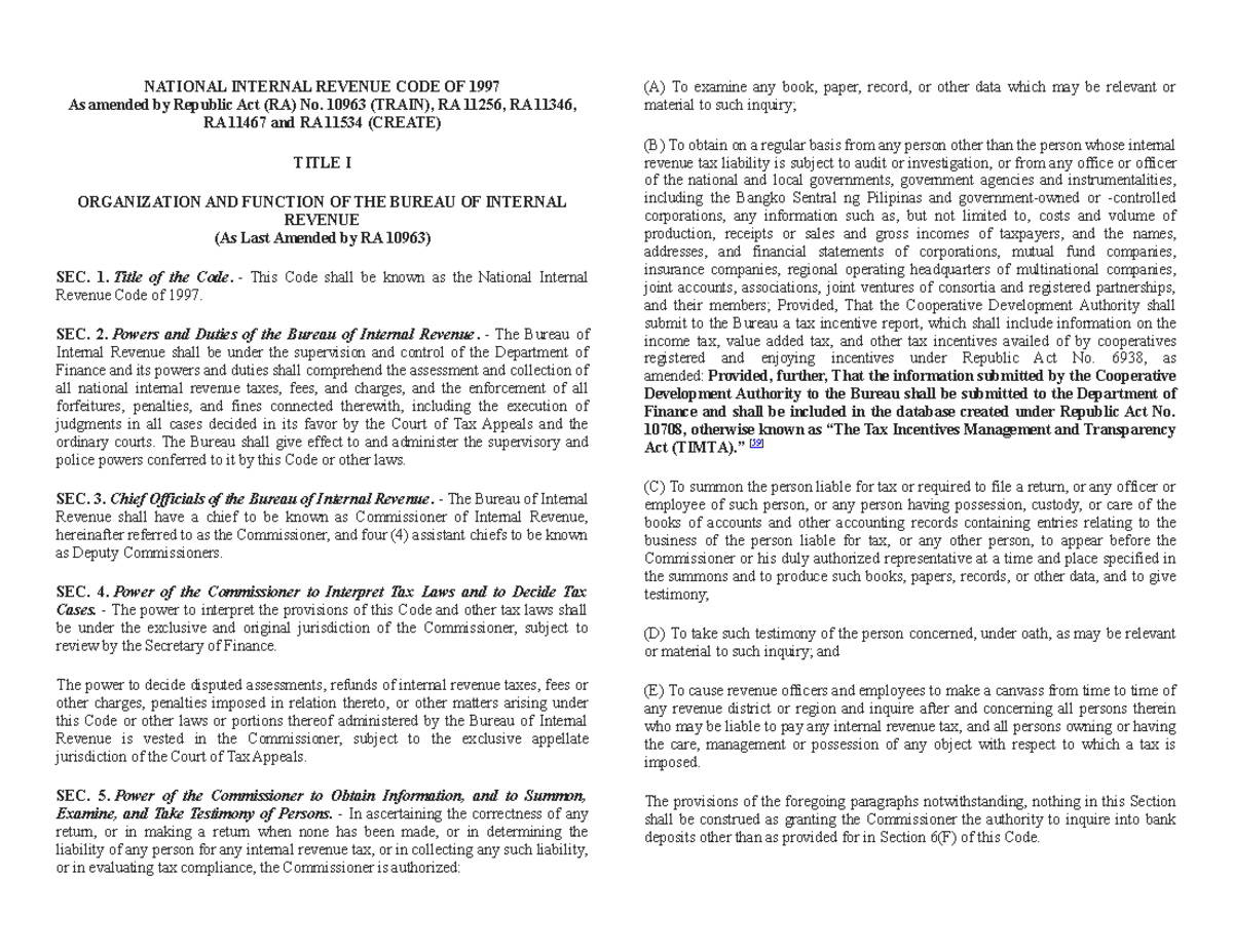 Title I Tax Code NATIONAL INTERNAL REVENUE CODE OF 1997 As Amended title-i-tax-code-national-internal-revenue-code-of-1997-as-amended