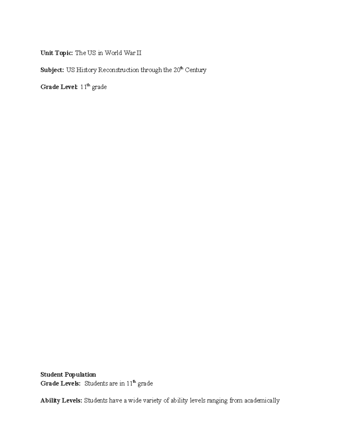 Final WWII Unit Plan - Detailed Unit Plan with Assessments for WWII ...