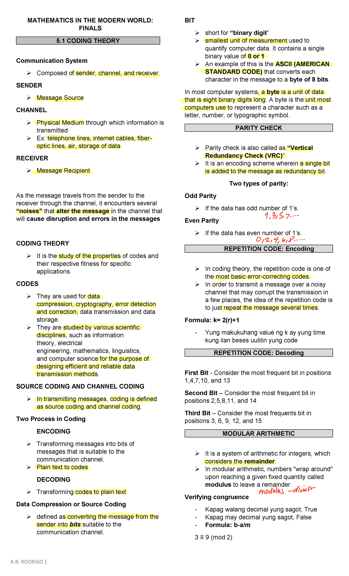 MATM - A. RODRIGO | MATHEMATICS IN THE MODERN WORLD: FINALS 5 CODING THEORY Communication System ...
