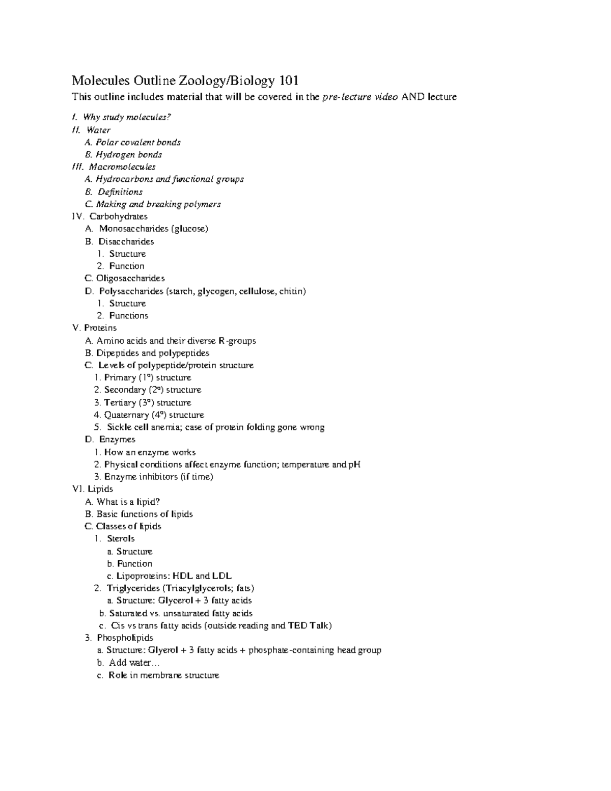 Molecules Outline - lecture notes - Molecules Outline Zoology/Biology ...