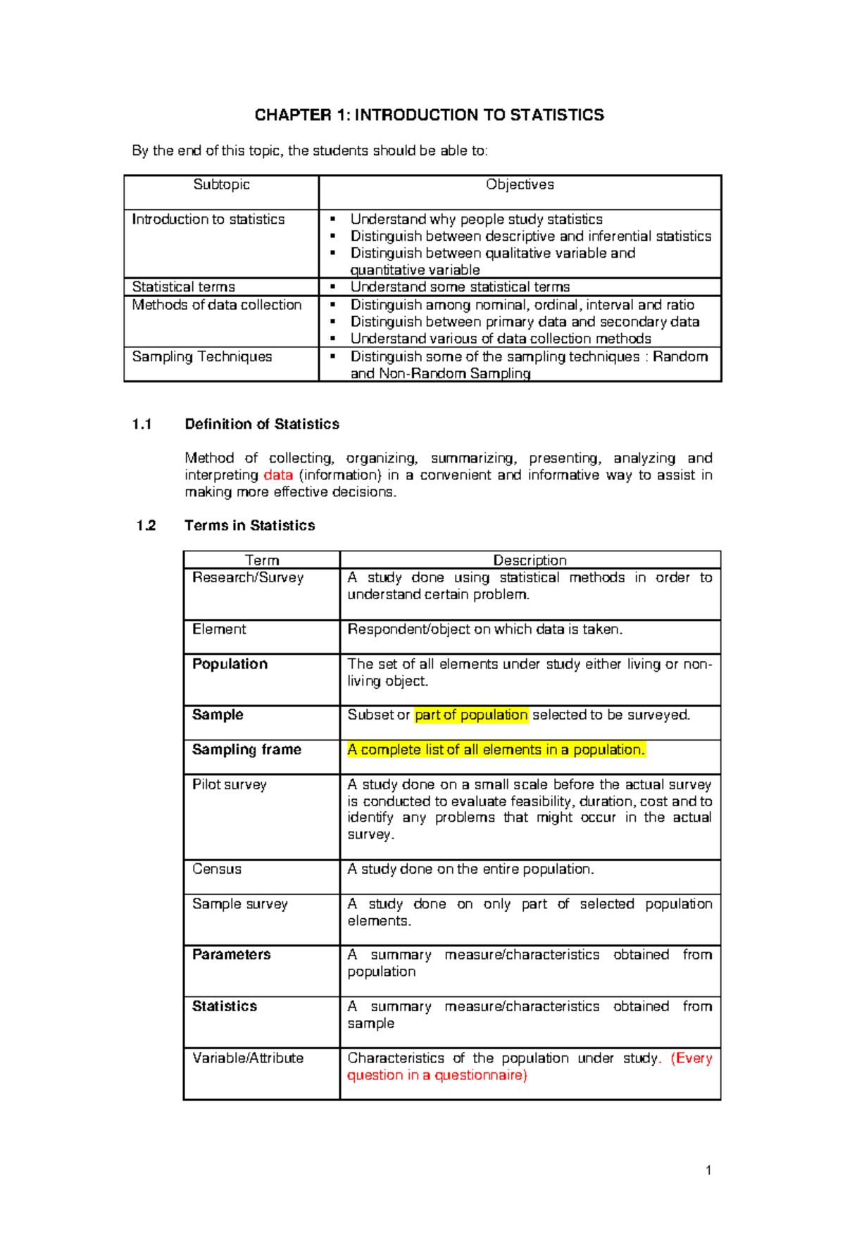 Chapter 1 STA104 - note - CHAPTER 1: INTRODUCTION TO STATISTICS By the end of this topic, the ...