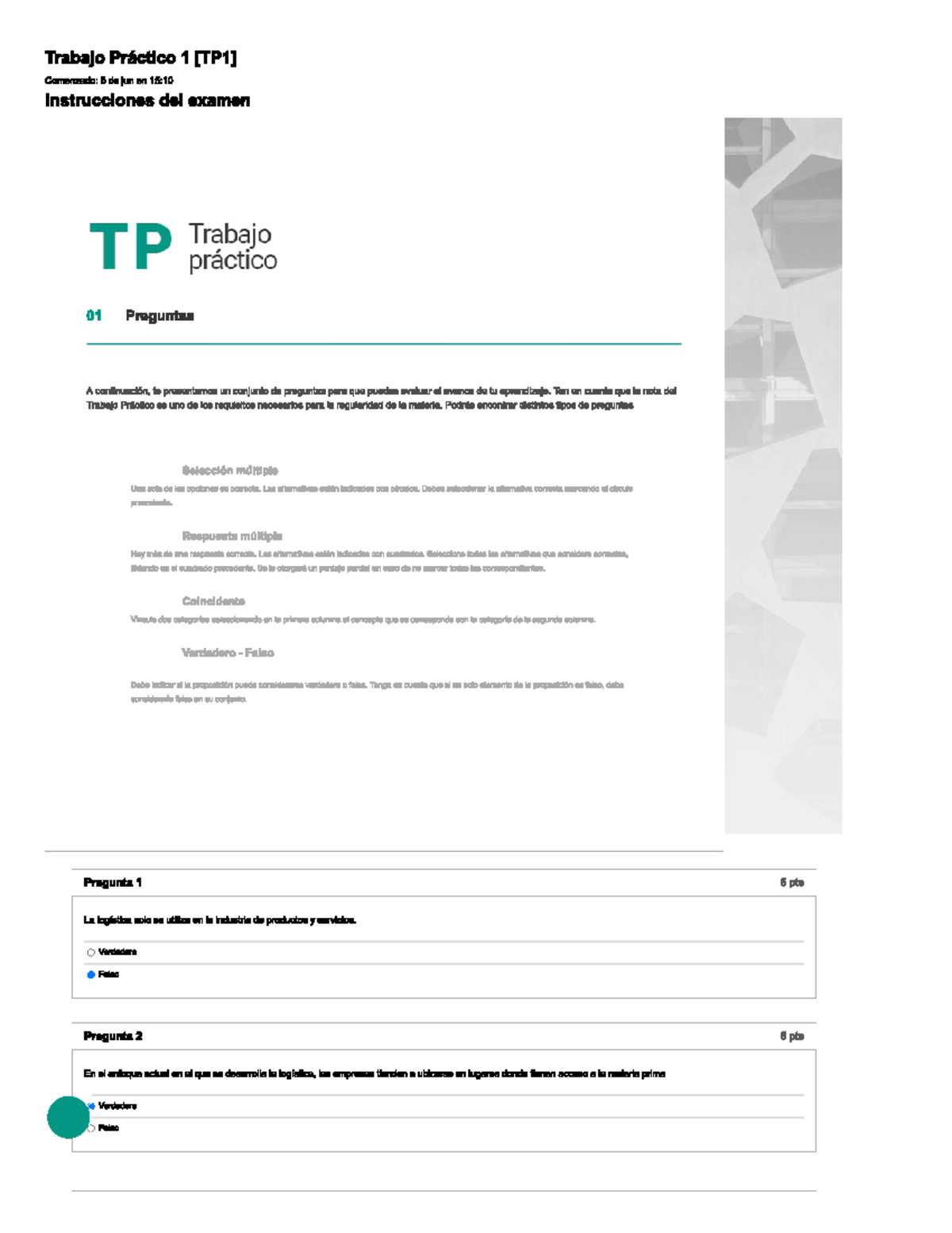 Examen Trabajo Práctico 1 [TP1] - 90% - Logistica - Logística - Studocu