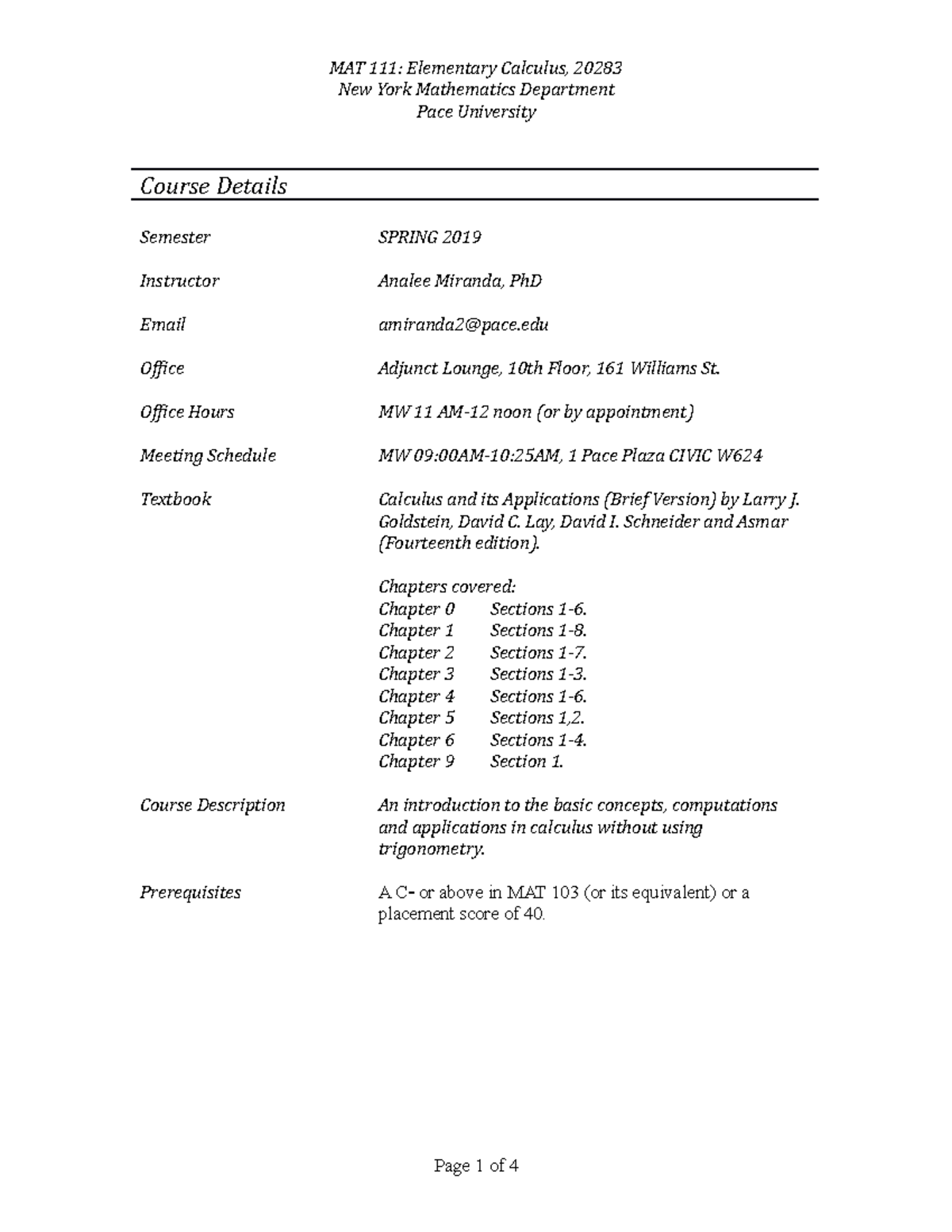 MAT 111 Syllabus Spring 2019 Miranda-FV2 - MAT 111: Elementary Calculus ...
