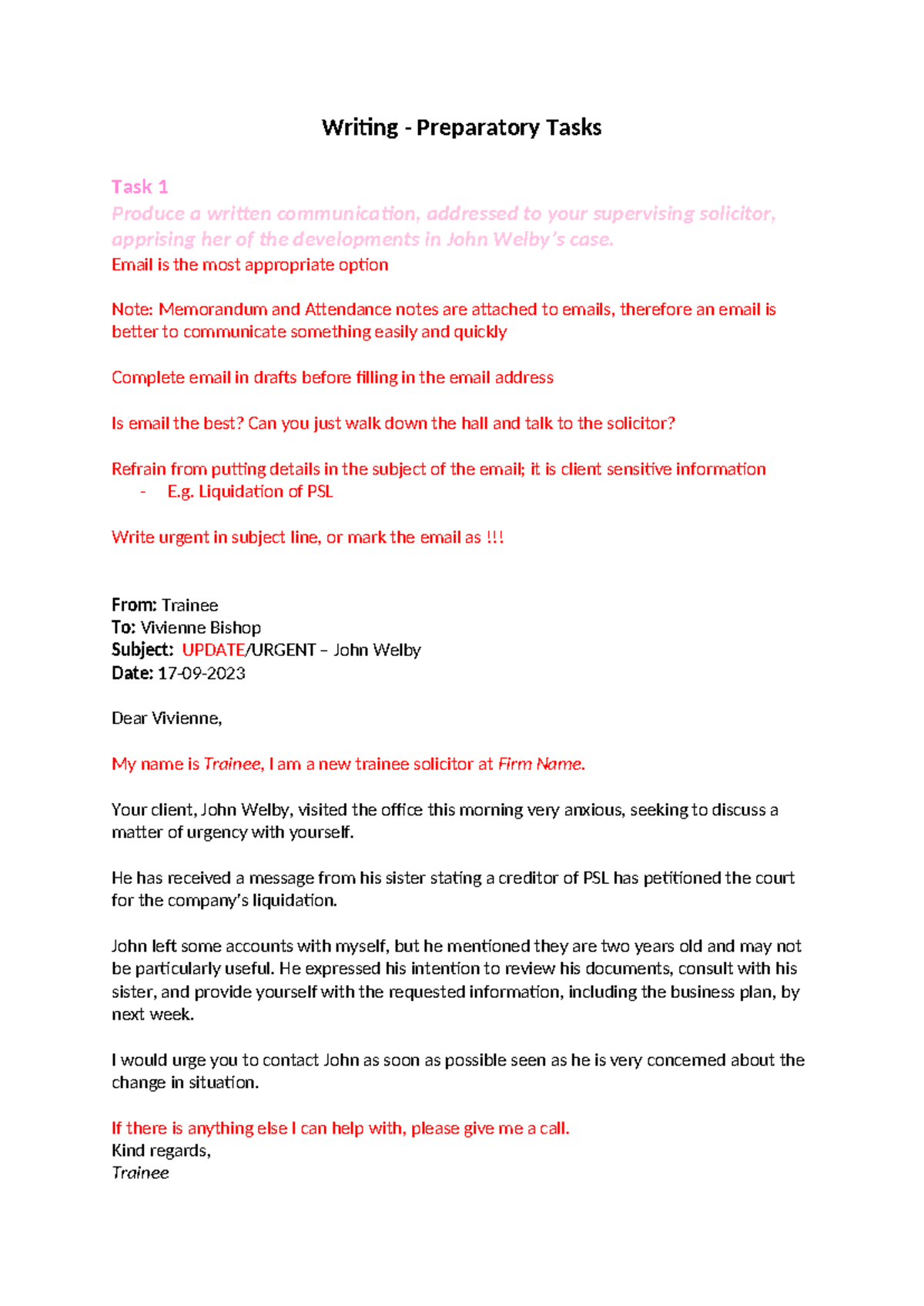 Writing - Preparatory Tasks - Email is the most appropriate option Note ...