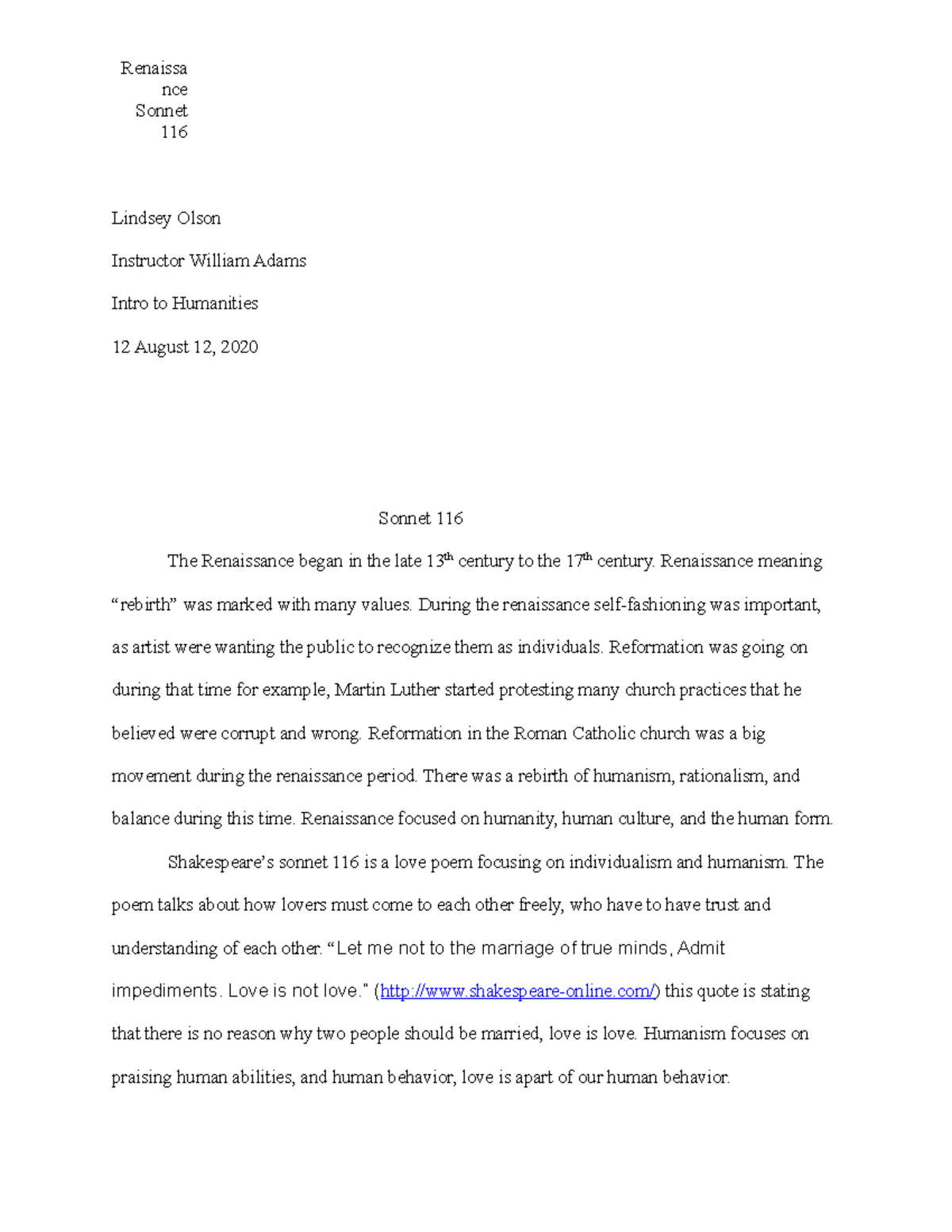 Sonnet 116 - Passed - Renaissa nce Sonnet 116 Lindsey Olson Instructor ...