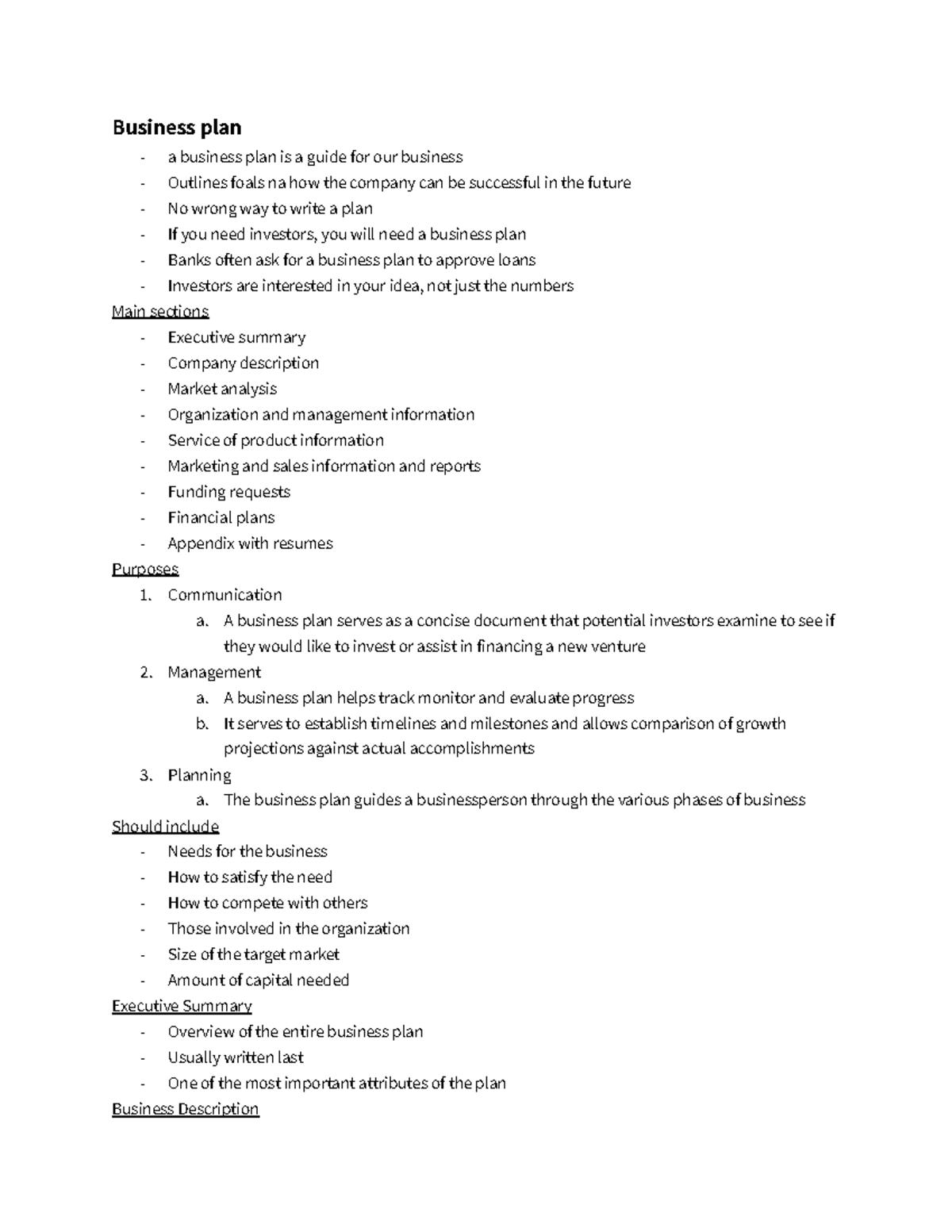 Business plan - In class notes - Business plan a business plan is a ...