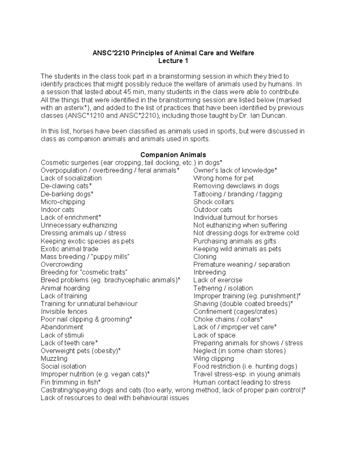 ANSC2210-Lecture 1-summary-2024 - ANSC*2210 Principles of Animal Care ...