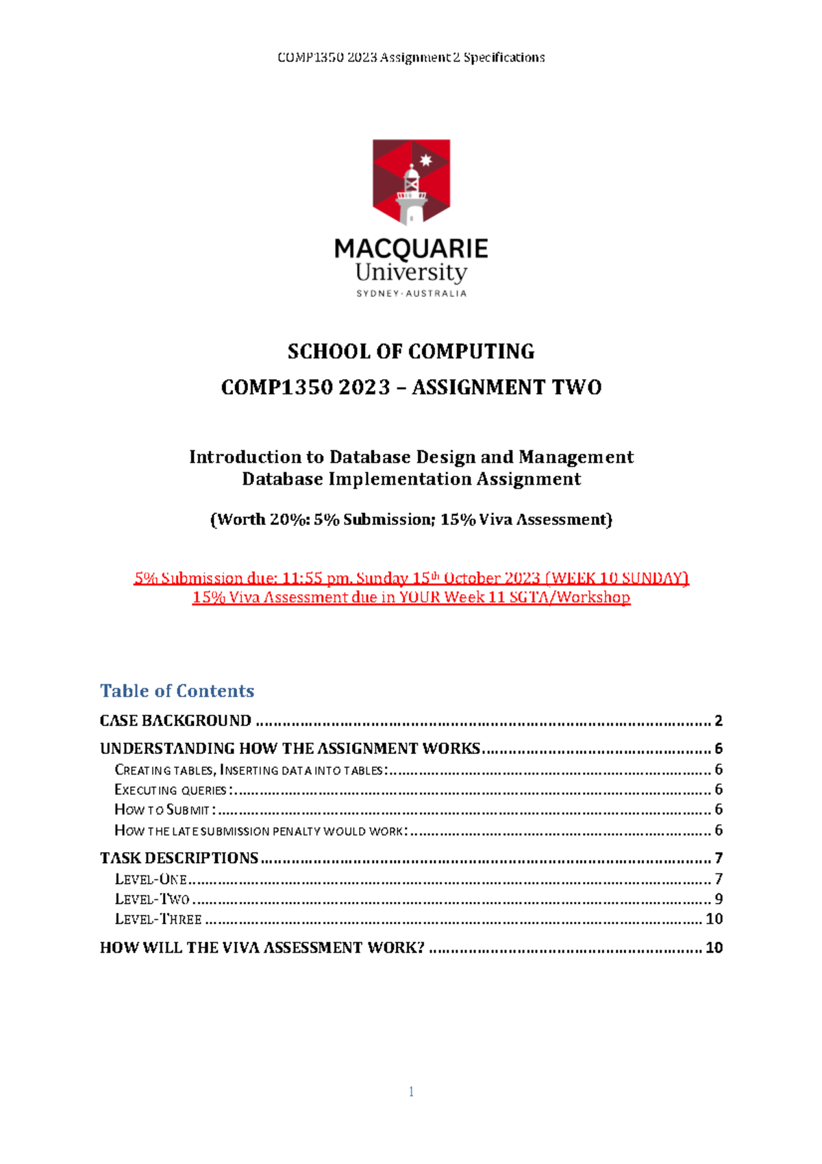 Assignment 2 2023 Final Version - SCHOOL OF COMPUTING COMP1350 2023 – ASSIGNMENT TWO ...