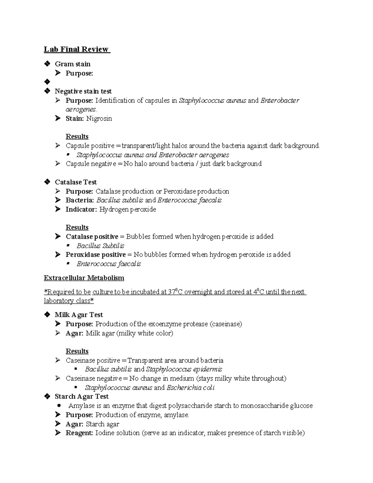 Lab Test Review 2 copy - Lab Final Review Gram stain Purpose: Negative ...