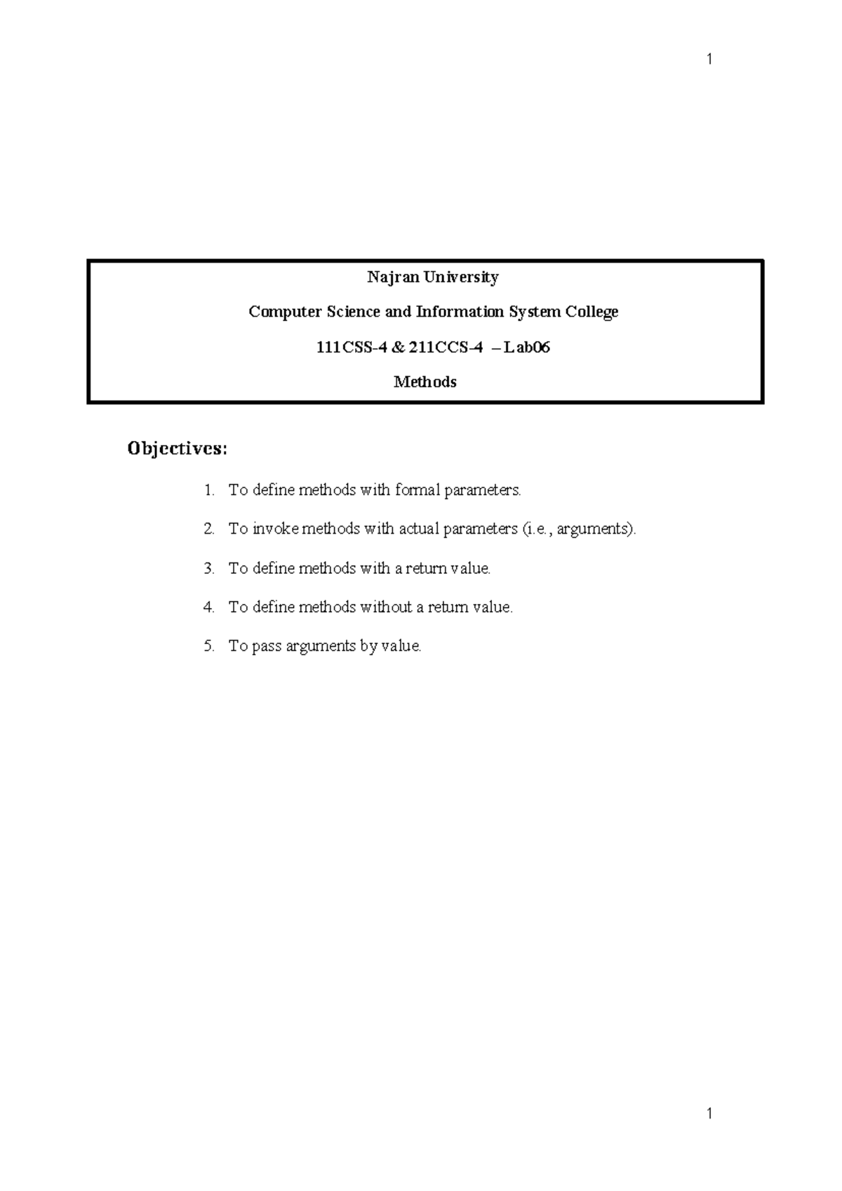 Lab Manual-6 - write exam with solution - Objectives: 1. To define methods with formal ...