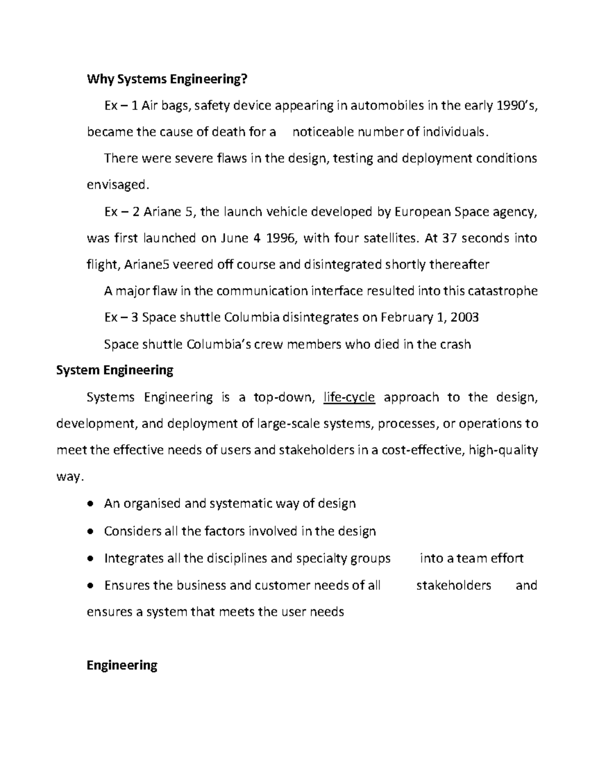 UNIT - 1 - System Engineering - Why Systems Engineering? Ex – 1 Air ...