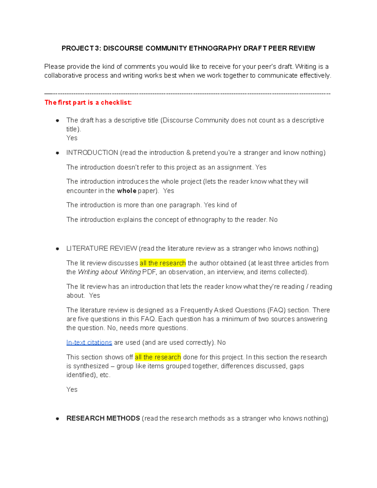 Copy of Copy of Project 3 Discourse Community Ethnography Draft PEER ...