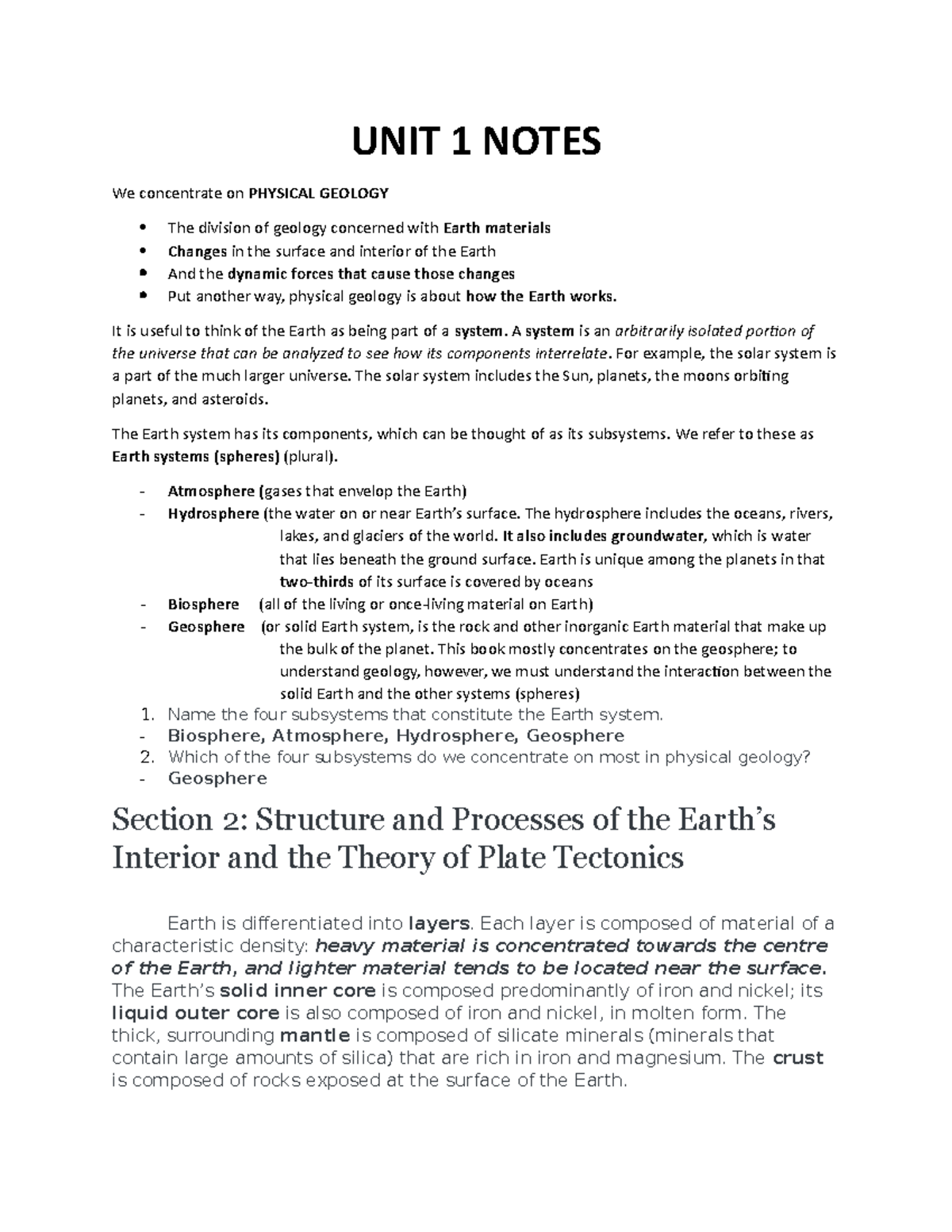 Notes (in prog - UNIT 1 NOTES We concentrate on PHYSICAL GEOLOGY The ...