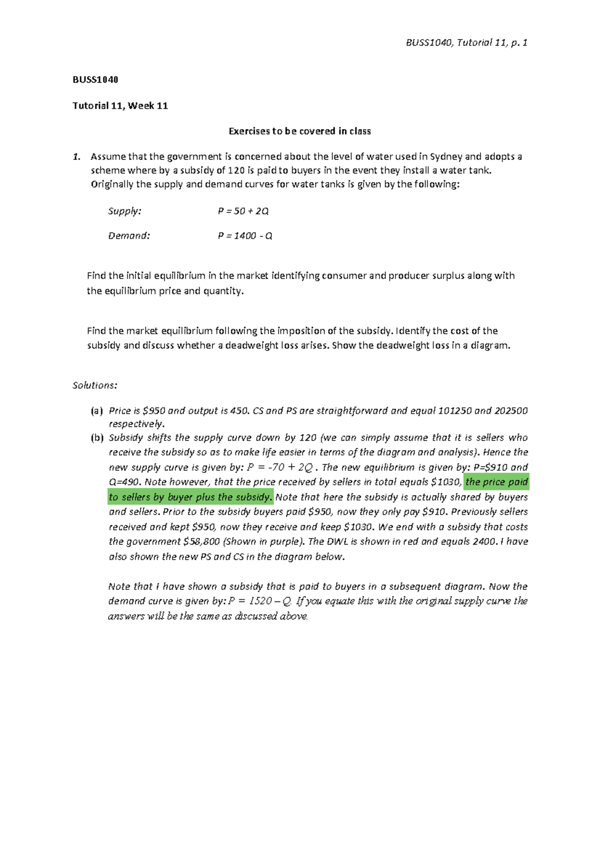 Tutorial 11 with answers Final - BUSS Tutorial 11 , Week 11 Exercises to be covered in class 1 ...