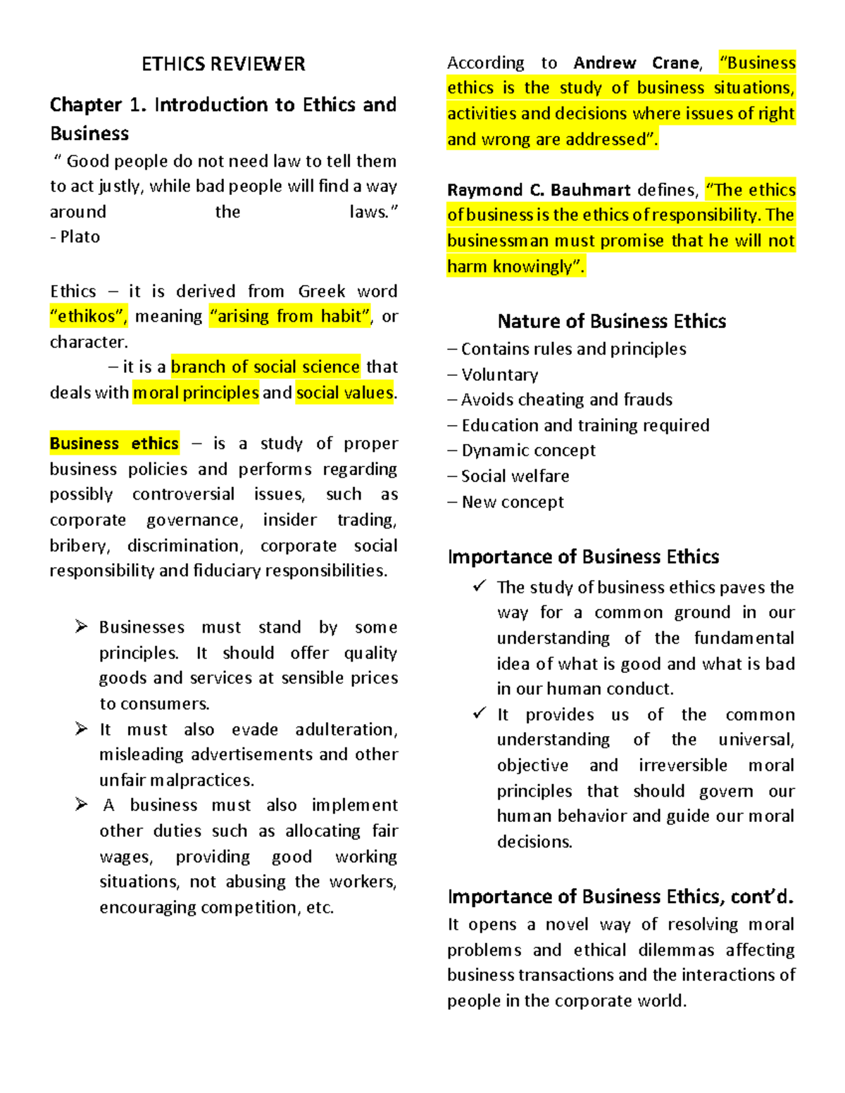 Ethics Reviewer - ETHICS REVIEWER Chapter 1. Introduction to Ethics and ...