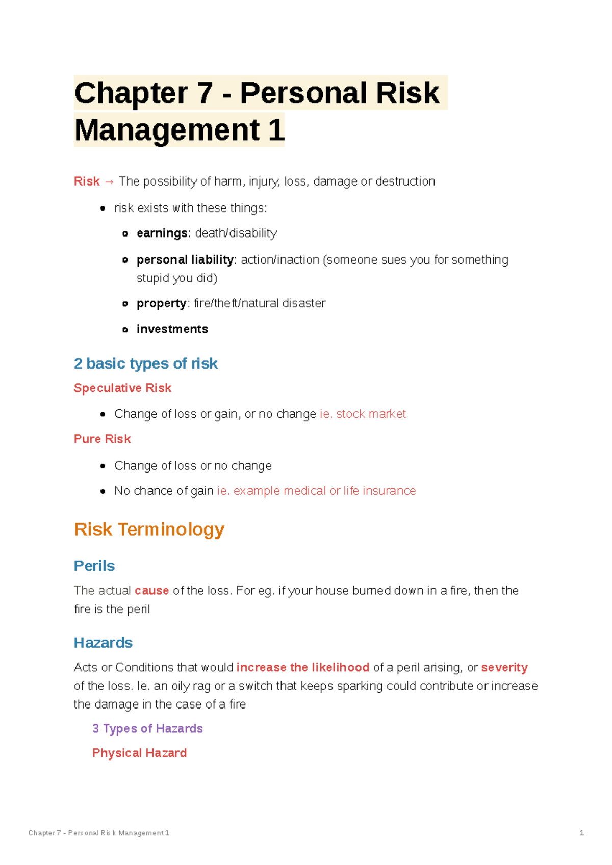 Chapter 7 - Personal Risk Management 1 - stock market Pure Risk Change ...