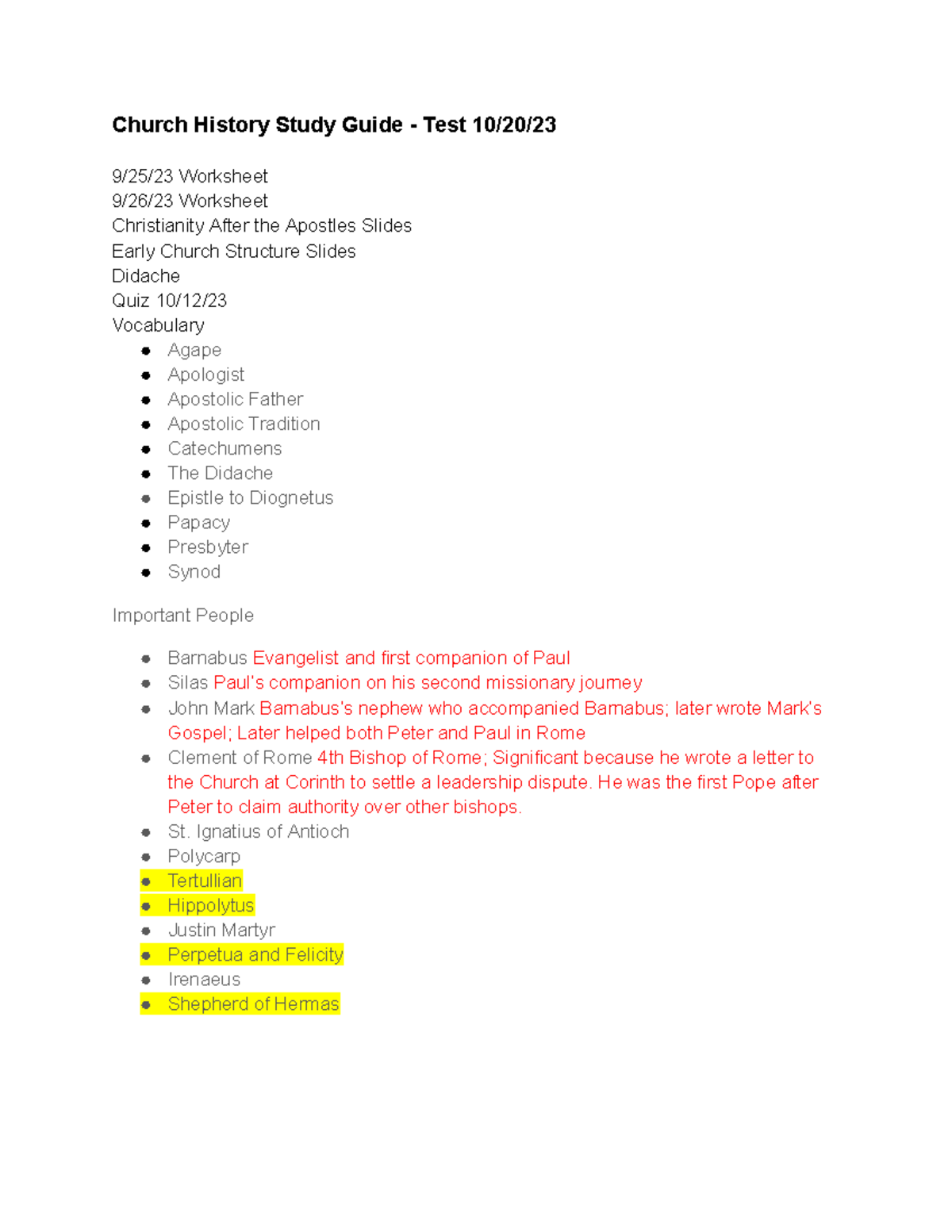 Copy of Church History Study Guide - Test 10 19 23 - Church History ...