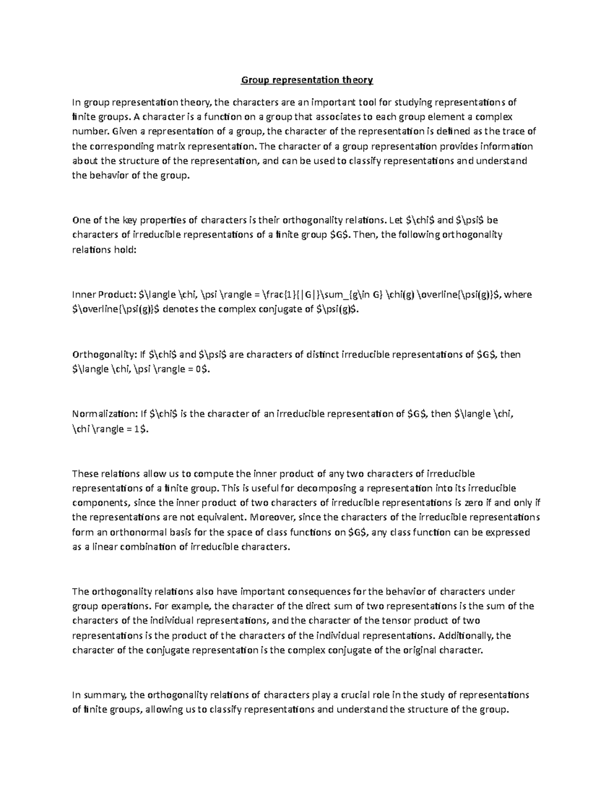 Group representation theory - A character is a function on a group that ...