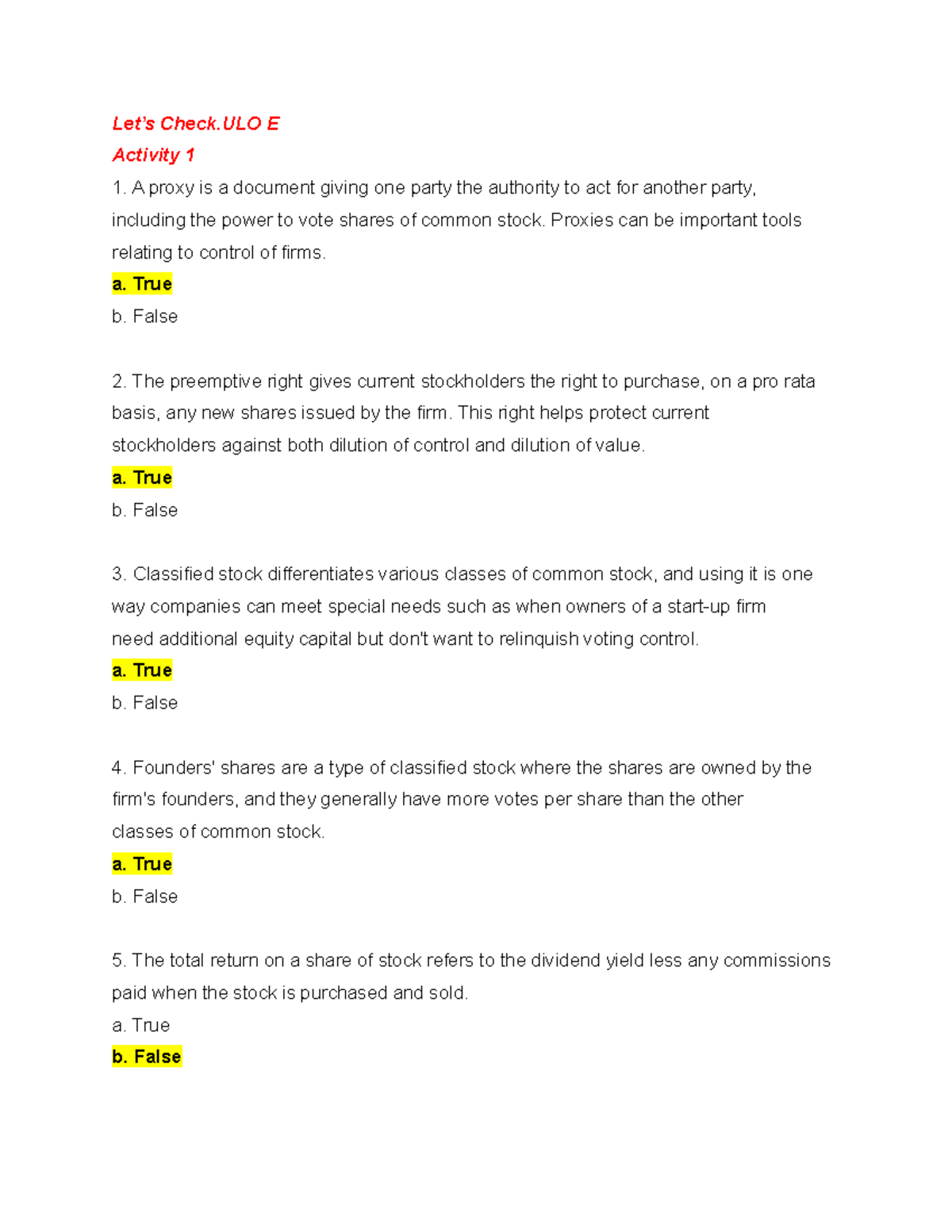 Financial Management - Let’s Check.ULO E - Let’s Check E Activity 1 A ...