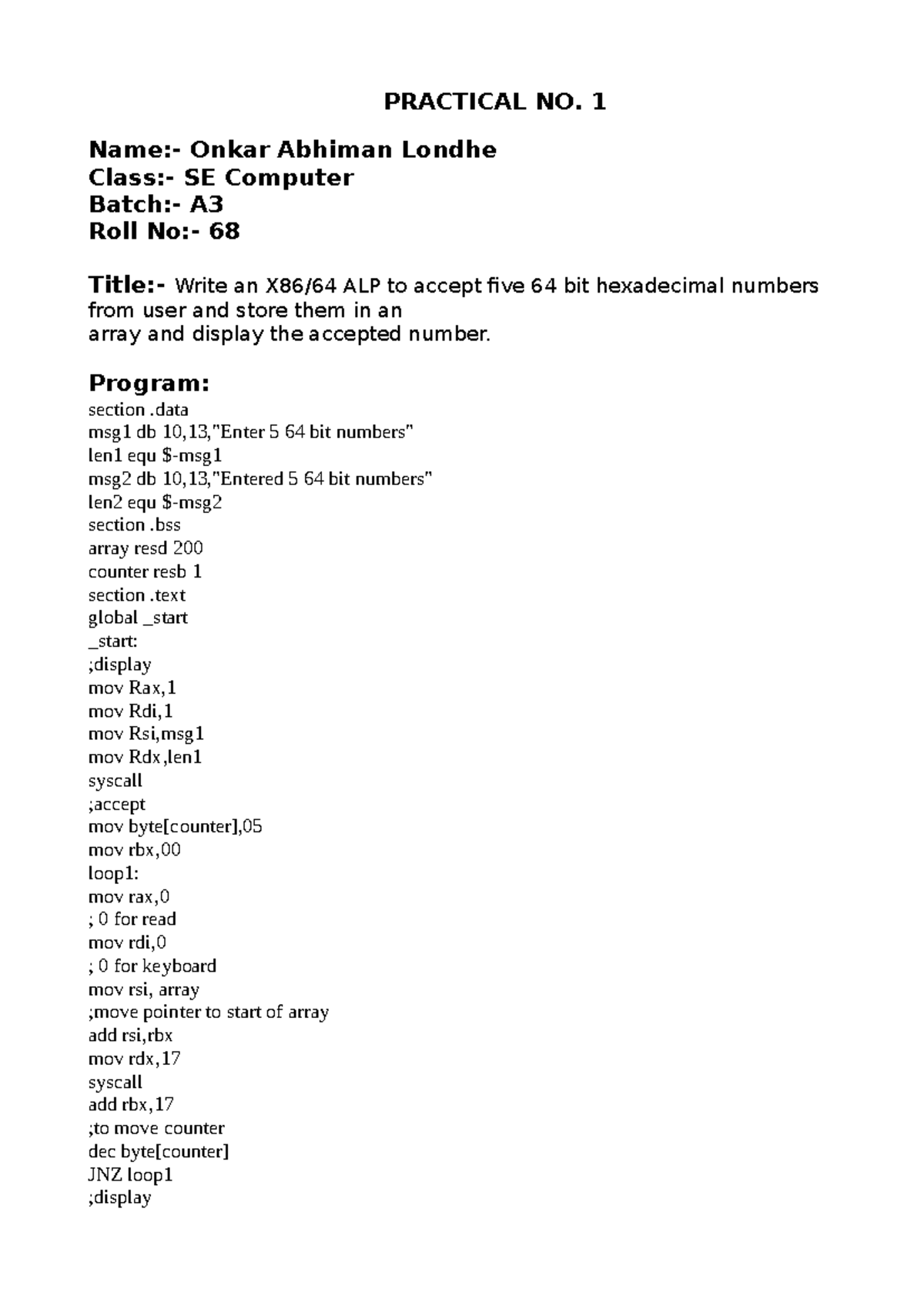 MP practical No 1 - PRACTICAL NO. 1 Name:- Onkar Abhiman Londhe Class:- SE Computer Batch:- A ...