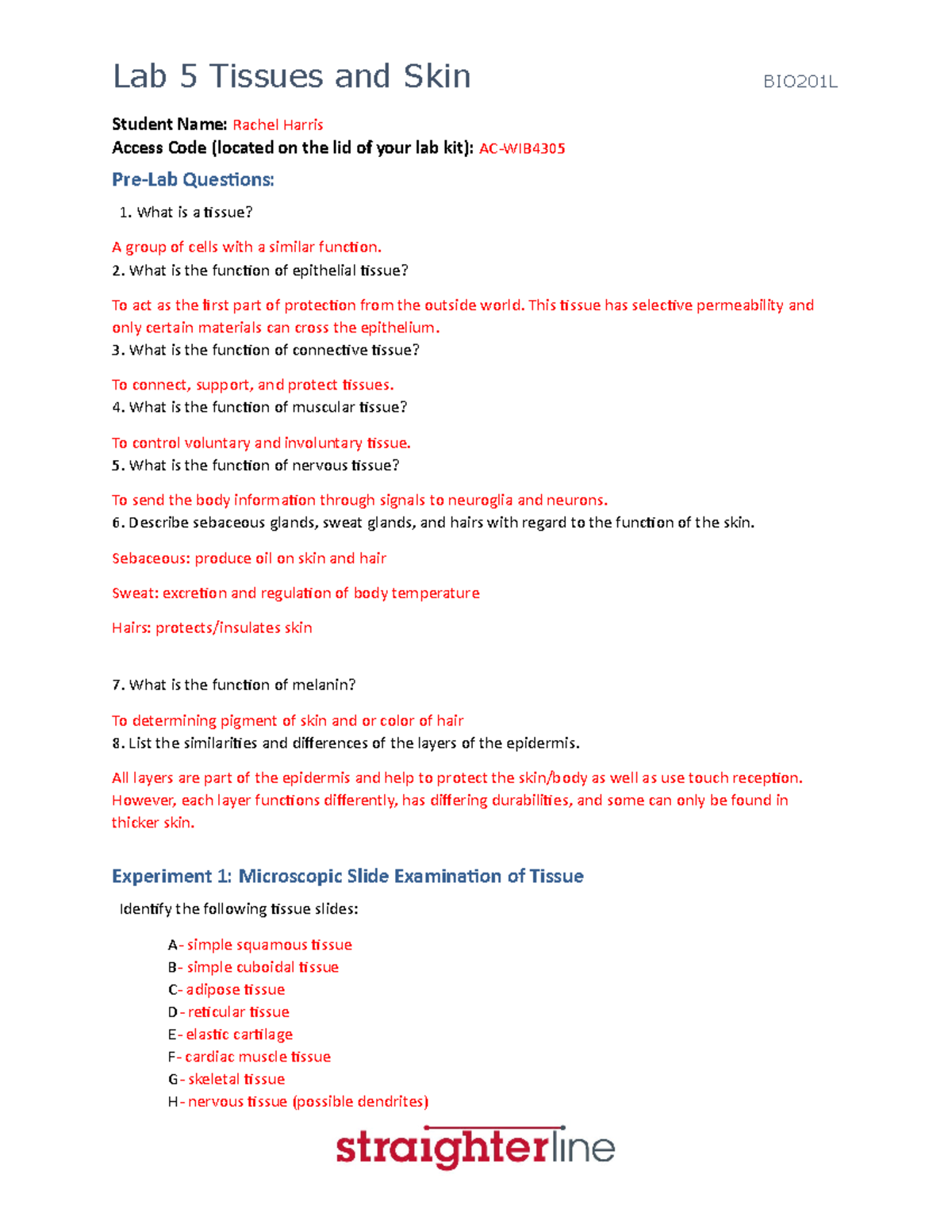 BIOLOGY 201 L Lab Worksheet Number 5 Anatomy - Student Name: Rachel ...