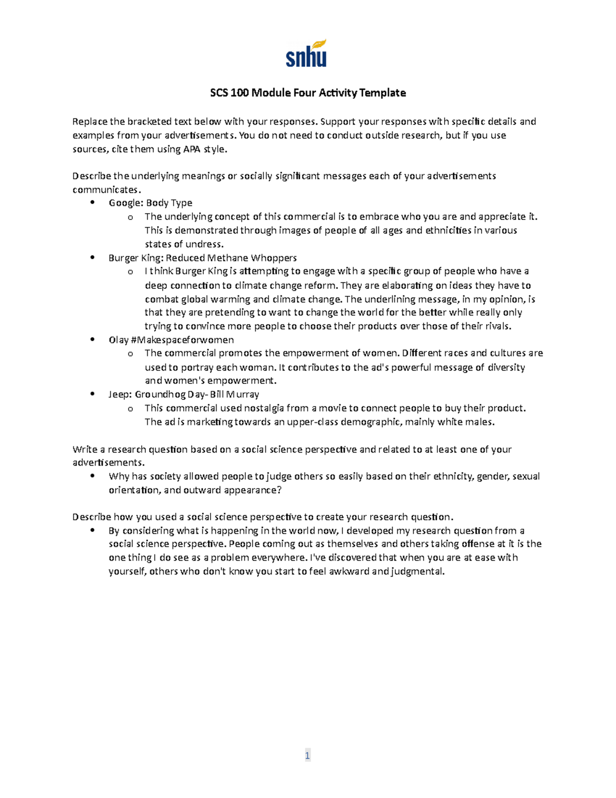 SCS 100 Module Four Activity - Support your responses with specific ...