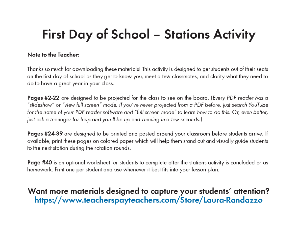 First Day Stations English Class-gallery-walk - First Day of School ...