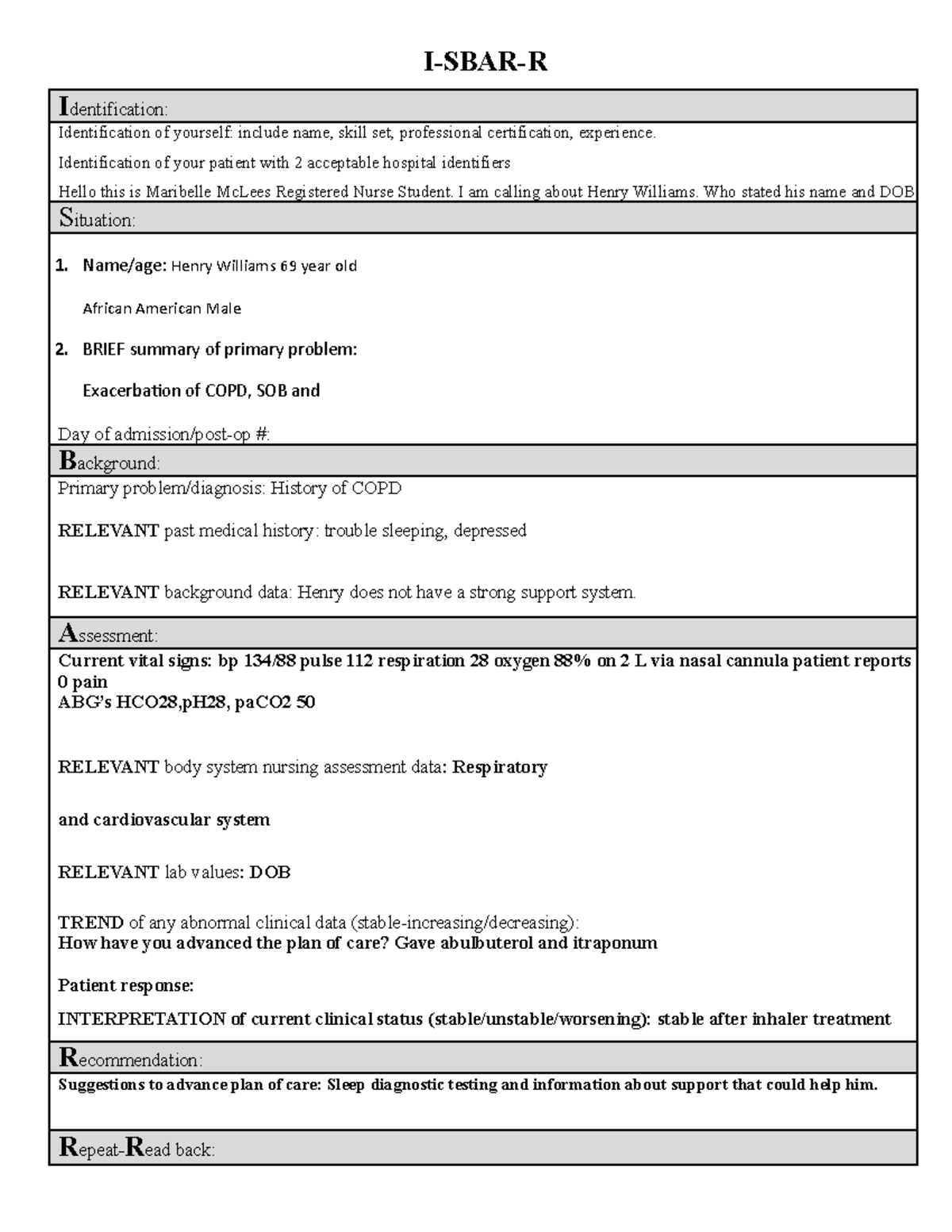 SBAR for Henry - I-SBAR-R Identification: Identification of yourself ...