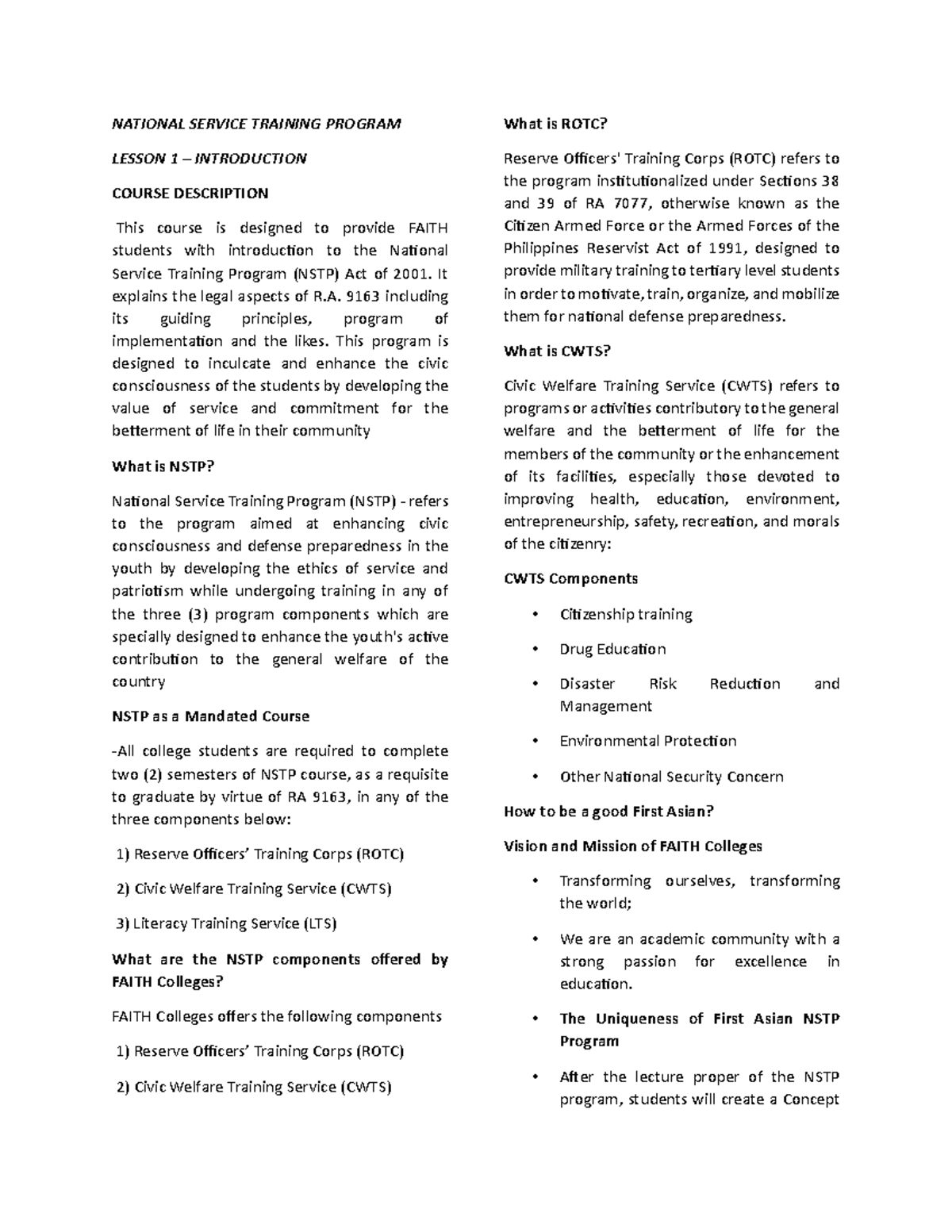 NSTP- Lesson-1 Notes - NATIONAL SERVICE TRAINING PROGRAM LESSON 1 ...