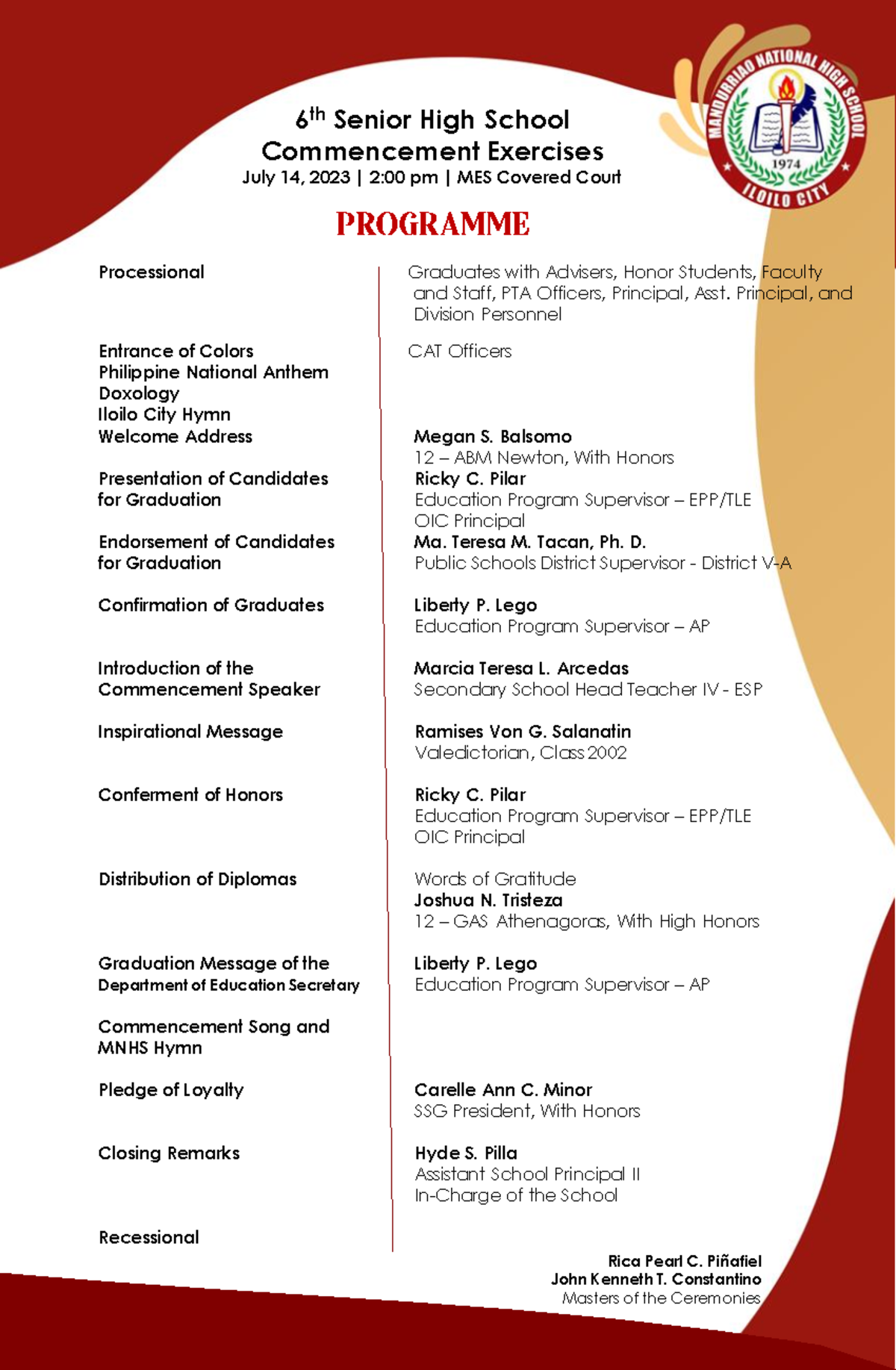 VIP Programme Inside Pages - Commencement Exercises July 14, 2023 | 2: ...