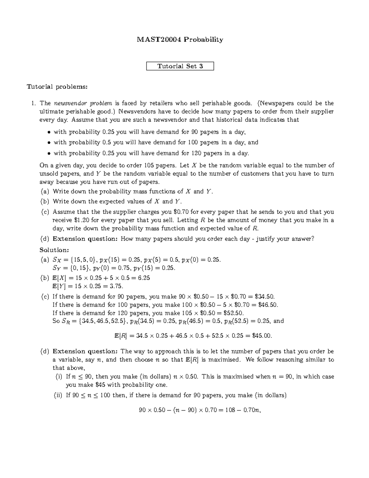 Tutorial Sheet 3 questions and answers - MAST20004 Probability Tutorial ...