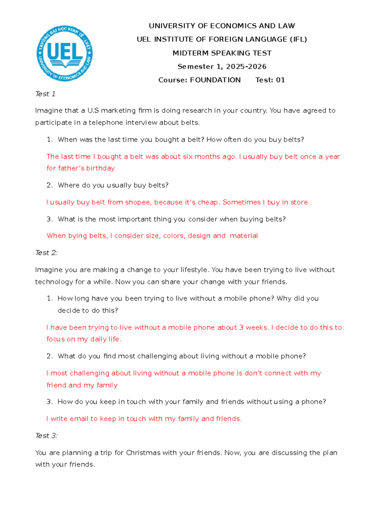 Speaking TEST - nlnjuhj - UNIVERSITY OF ECONOMICS AND LAW UEL INSTITUTE ...