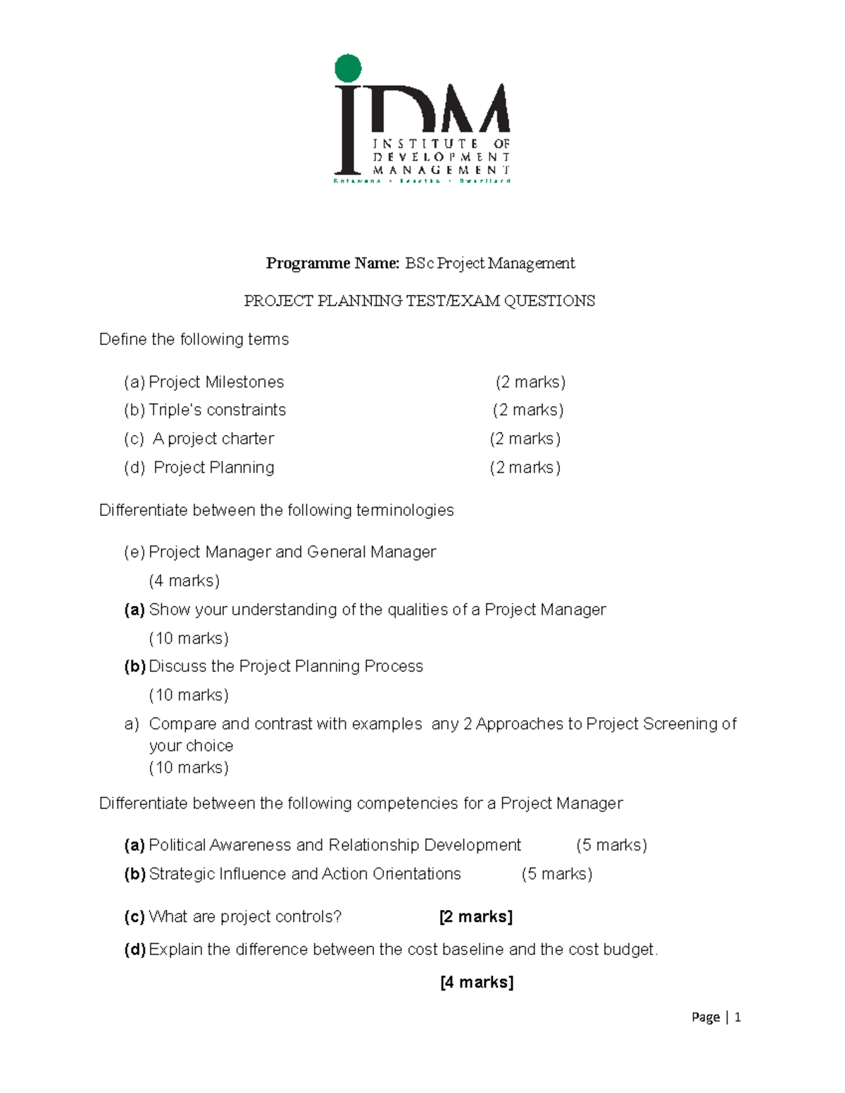 Sample EXAM Questions - Project Planning. - Programme Name: BSc Project ...
