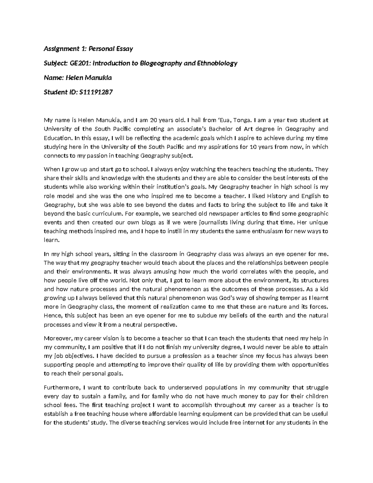 GE201 Assignment 1 - Environment - Assignment 1: Personal Essay Subject ...