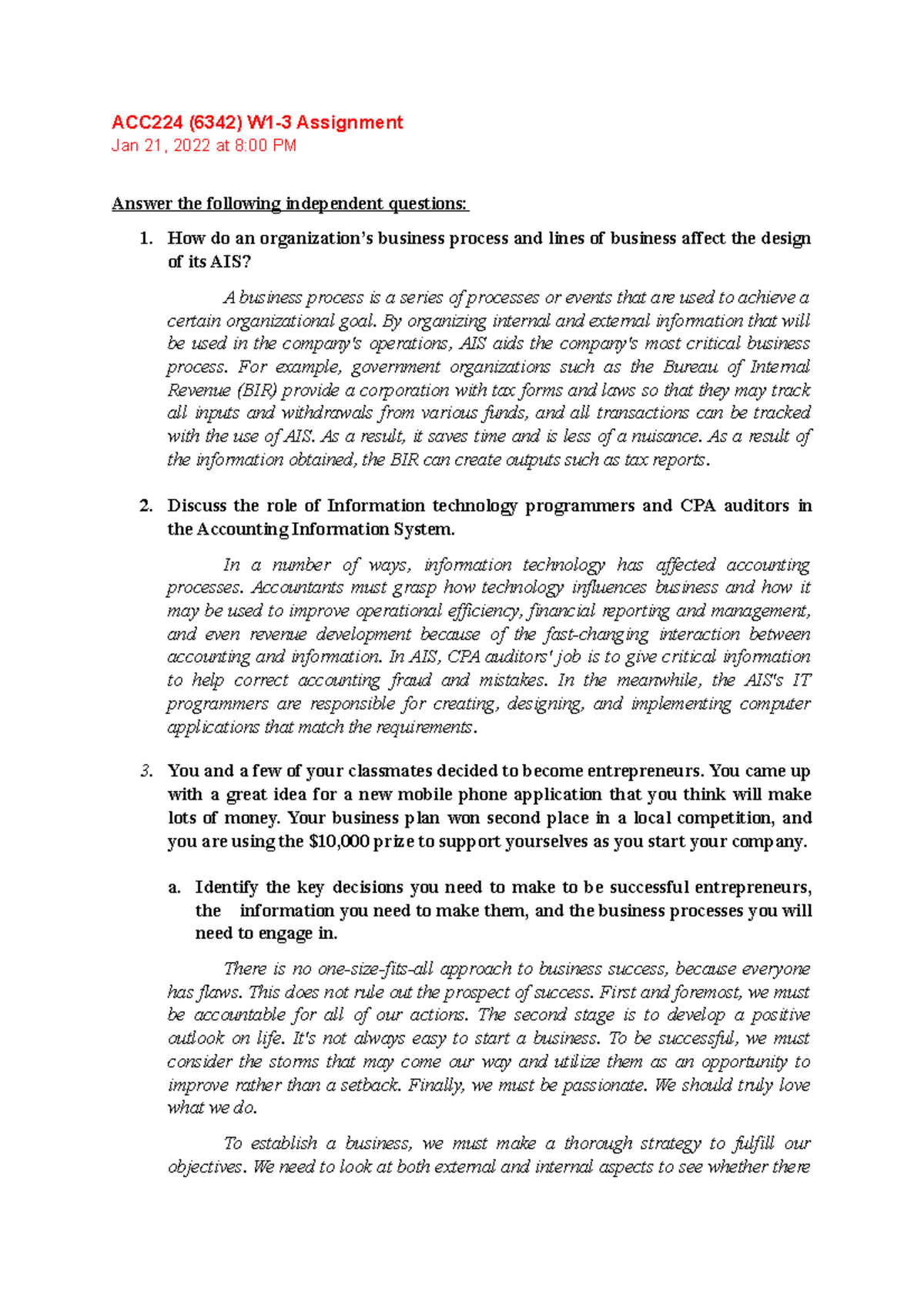 Jesiah Pascual- Assignment W1-3 ( Answered) - ACC224 (6342) W1-3 Assignment Jan 21, 2022 at 8:00 ...
