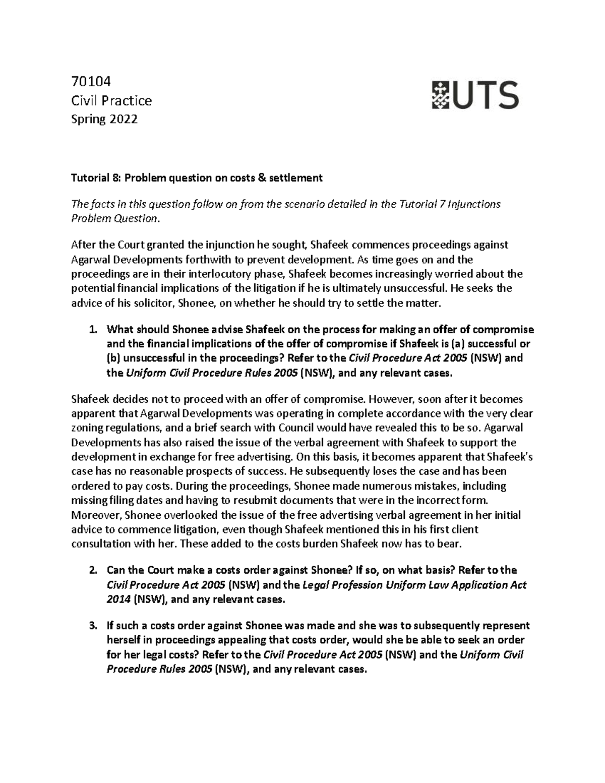 2022 Spring CP Tutorial 8 Costs and settlement problem scenario - 70104 ...