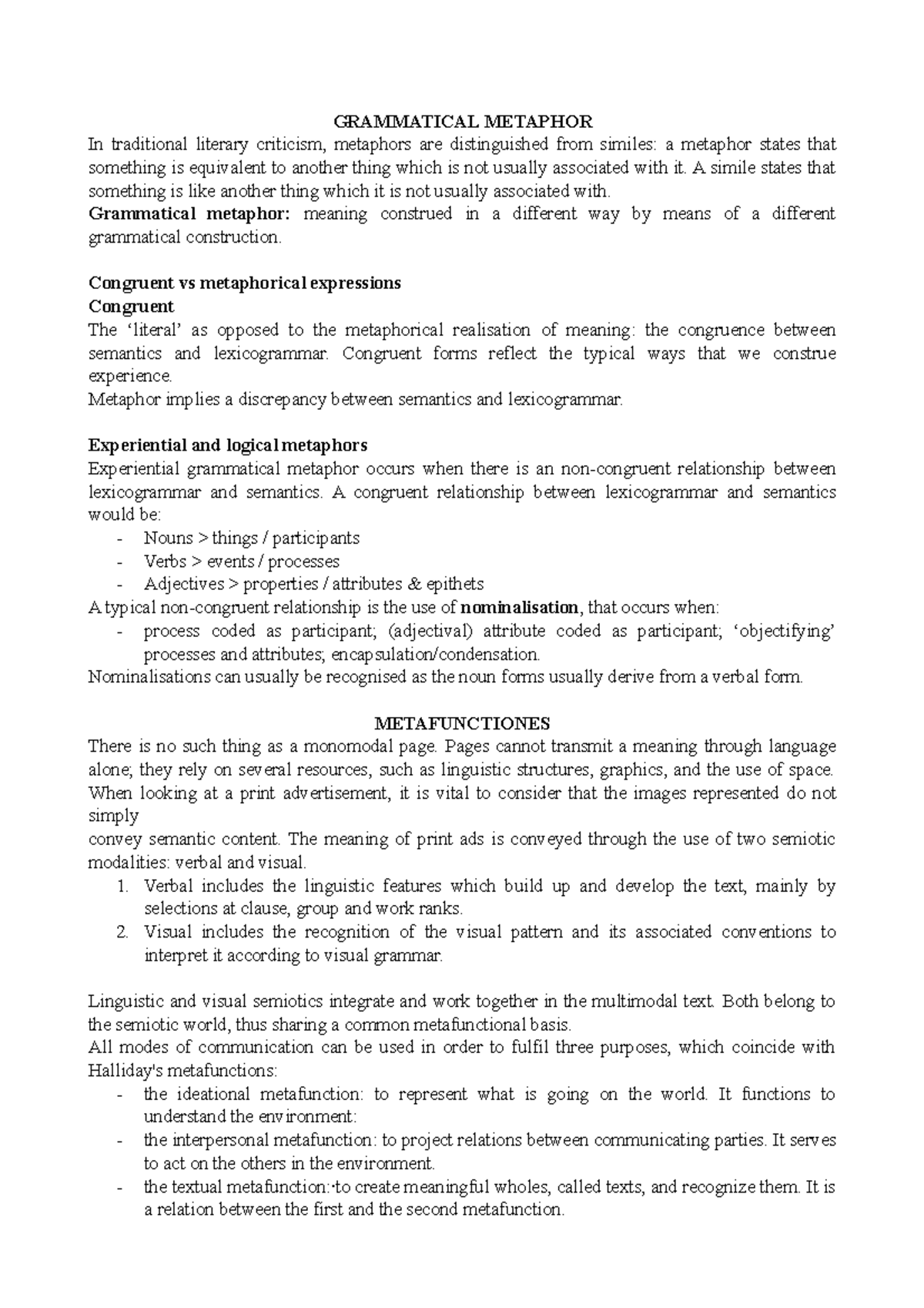 Ideational Metafunction - GRAMMATICAL METAPHOR In traditional literary ...