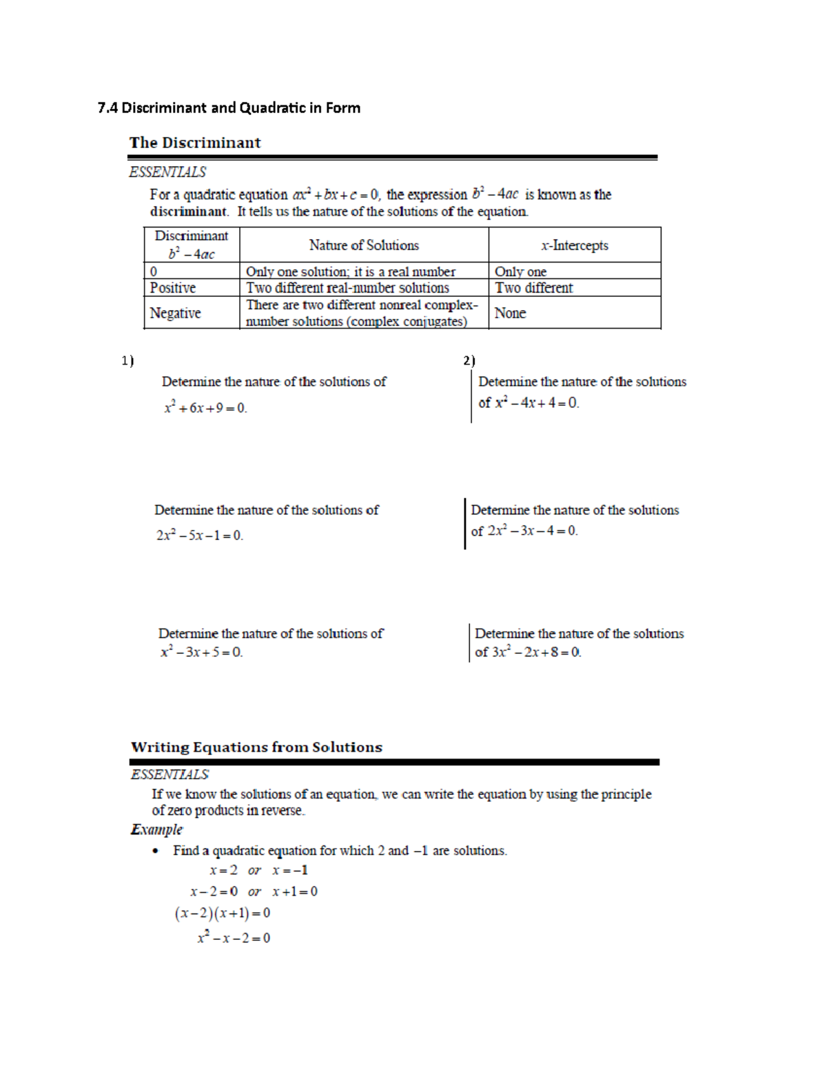 7.4 Discriminant-Quadratic in Form - MATH 1040 - 7 Discriminant and ...