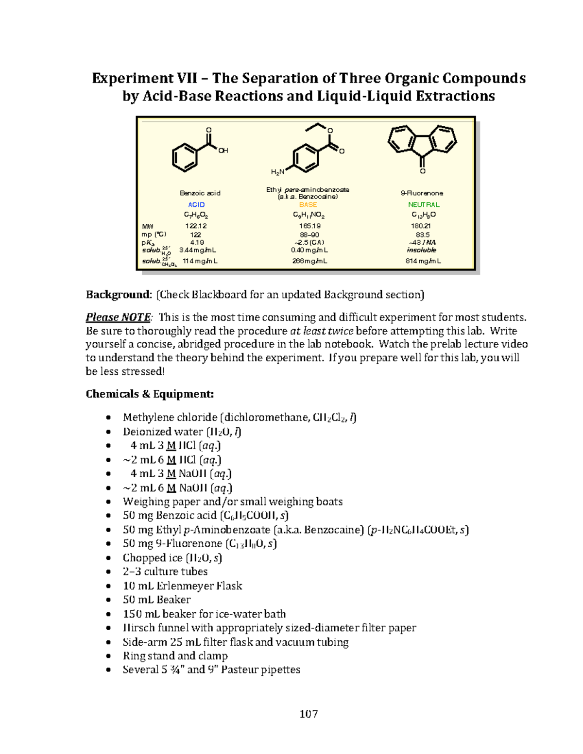 Experiment VII - The Separation of Three Organic Compounds by Acid-Base ...