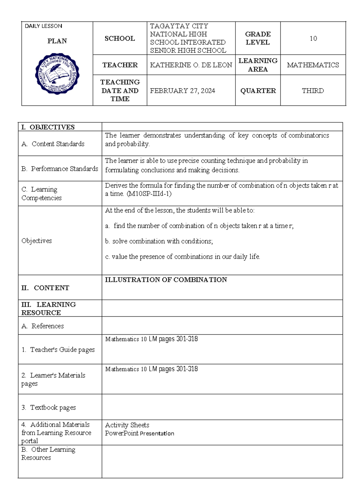 Combination-WITH- Conditions 2-27-24 - DAILY LESSON PLAN SCHOOL ...