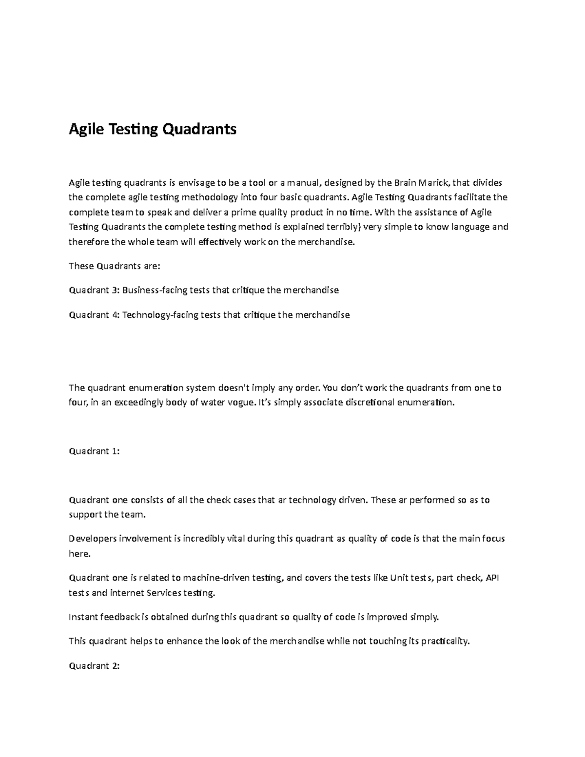 Agile Testing Quadrants Agile Testing Quadrants Agile Testing Quadrants Is Envisage To Be A