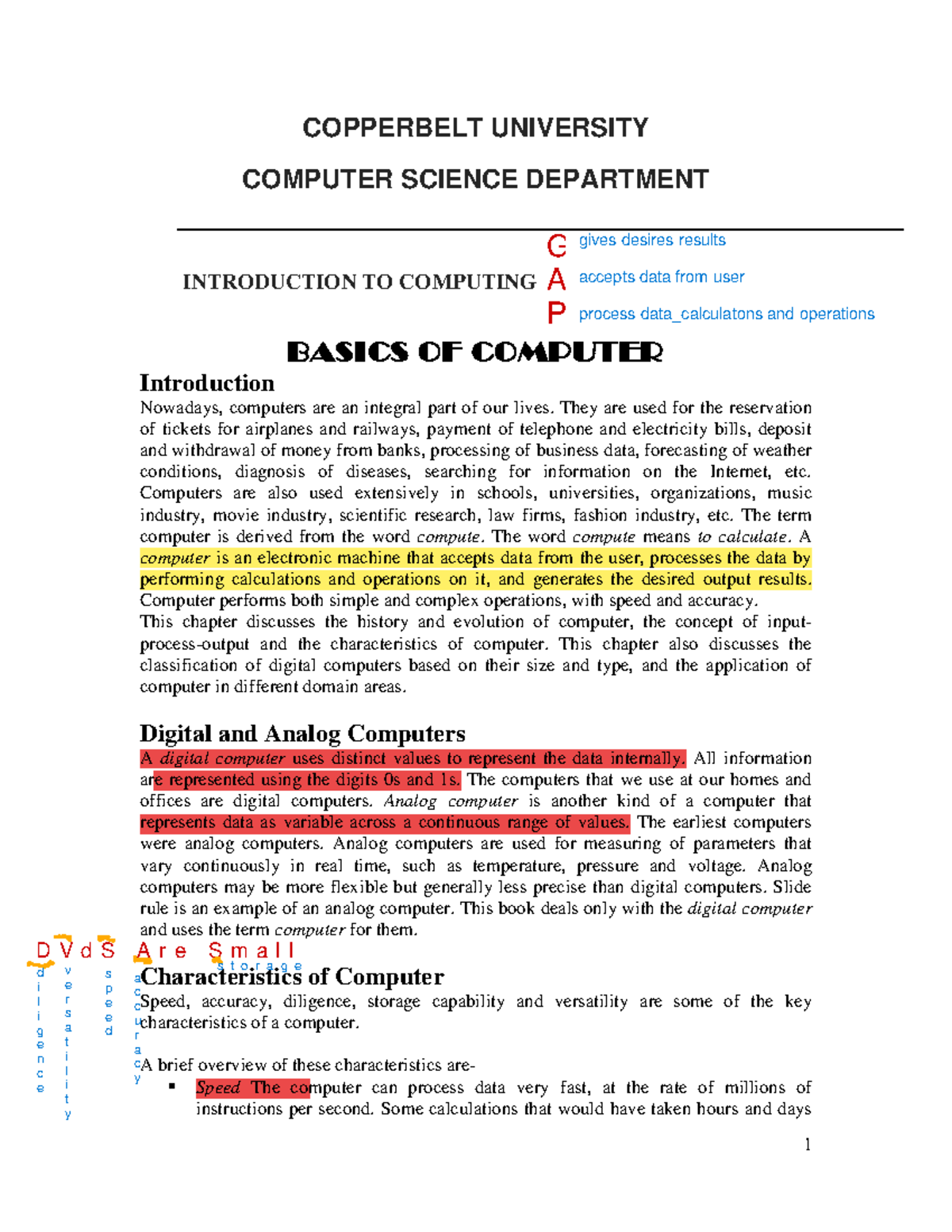 UNIT 1 - Basics of Computer - COPPERBELT UNIVERSITY COMPUTER SCIENCE DEPARTMENT INTRODUCTION TO ...