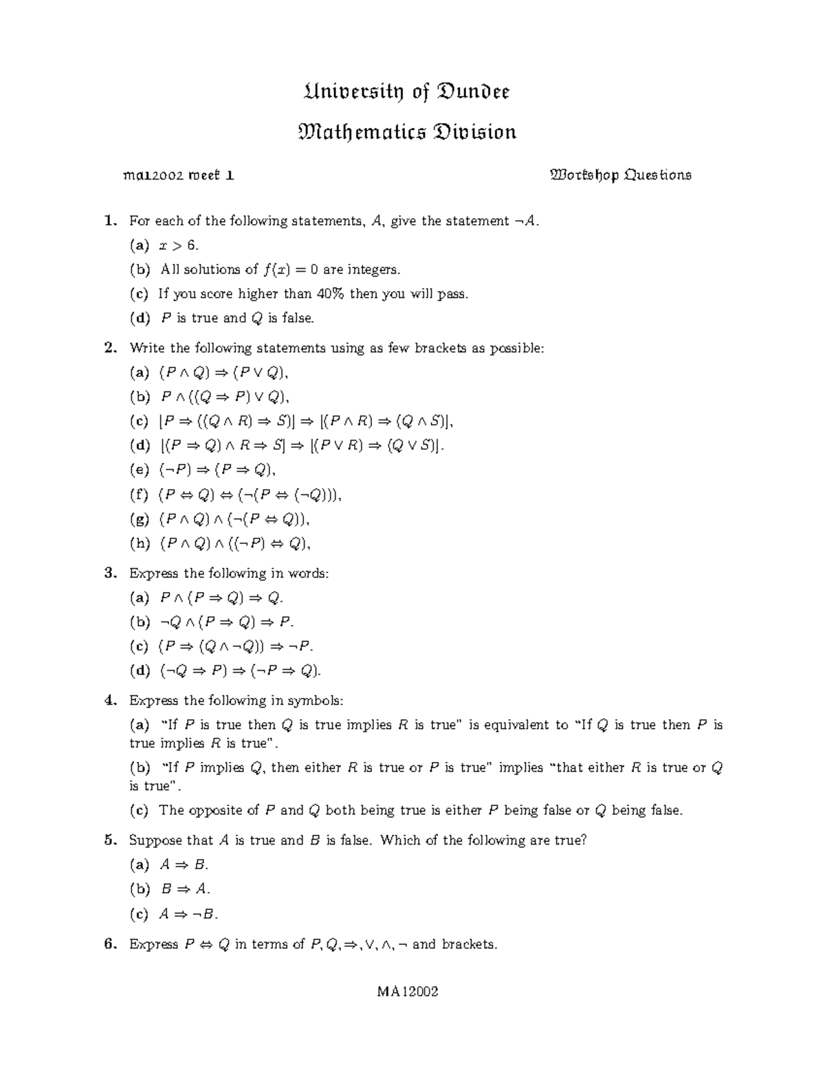 Ws1 - Worksheet 01 - University of Dundee Mathematics Division ma12002 ...