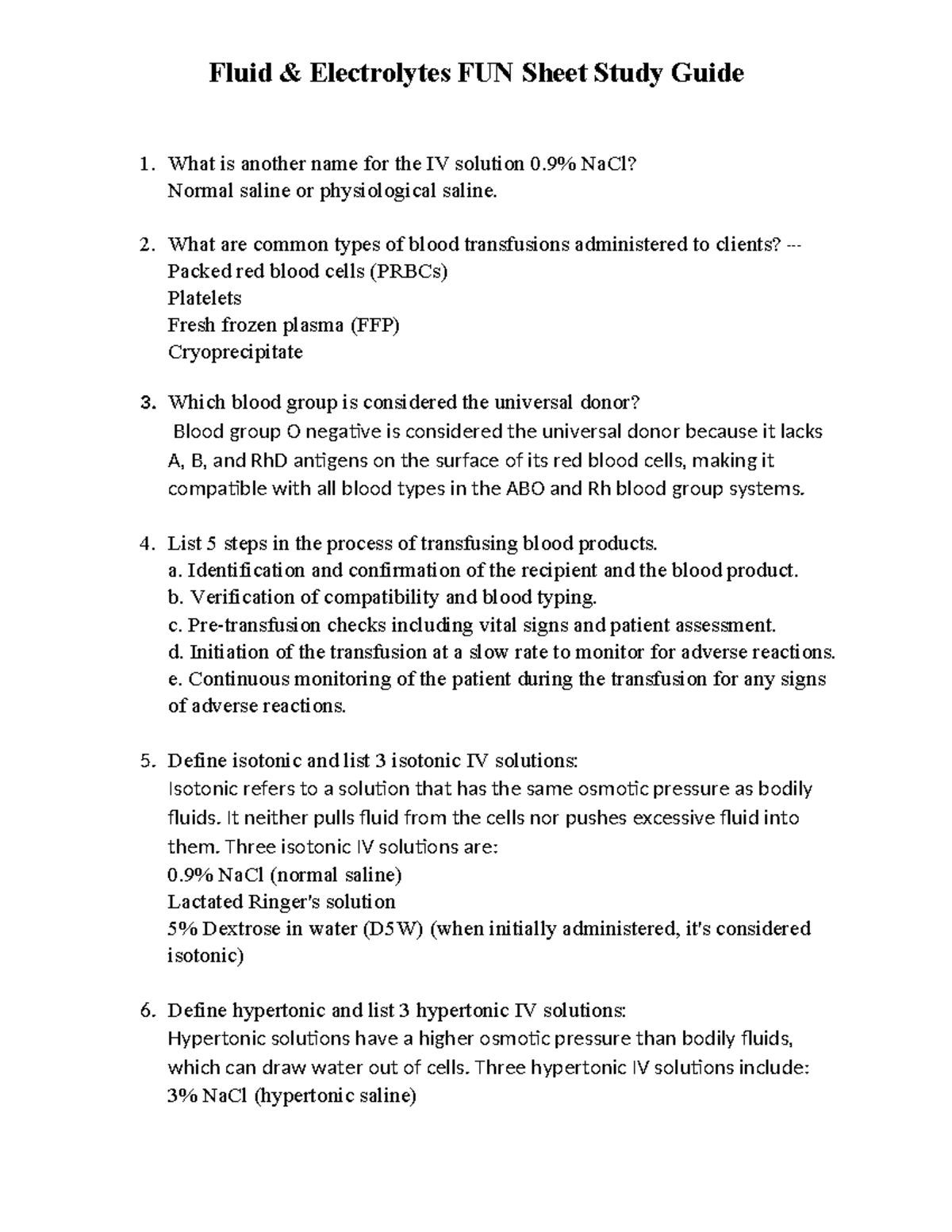 Fluid Electrolyte & IV Fluids FUN Sheet-1 - Fluid & Electrolytes FUN ...