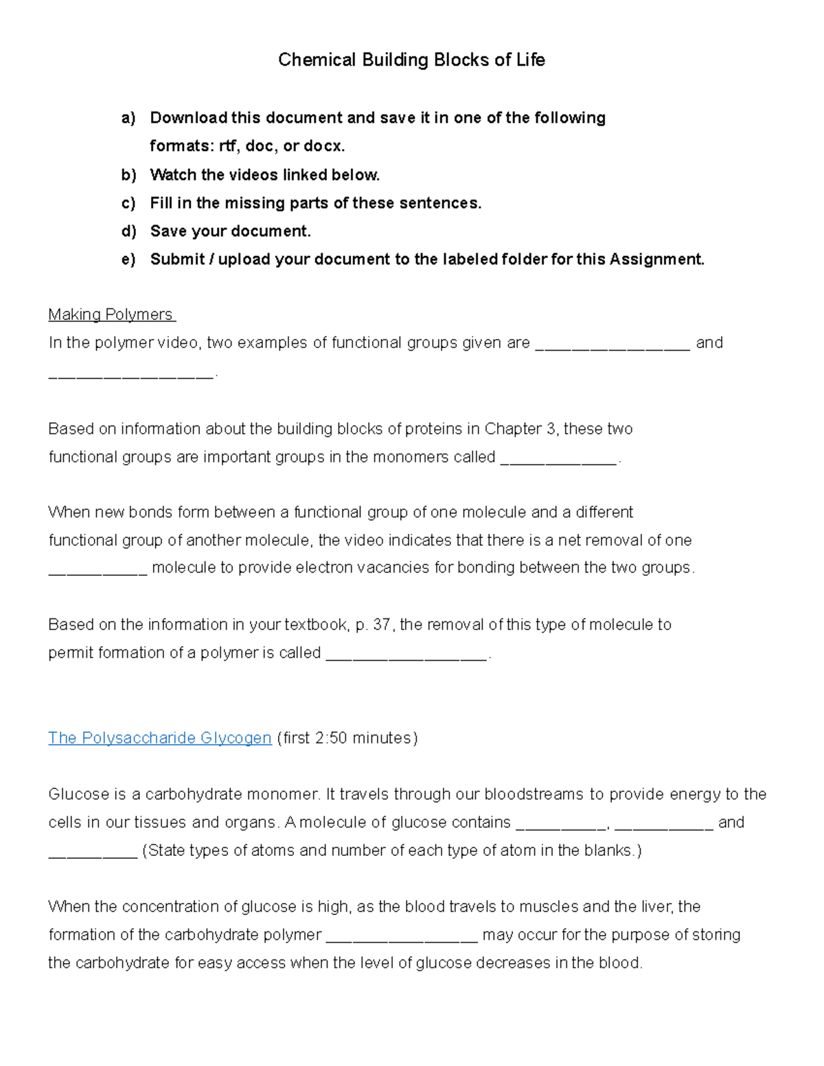 Unit 1 Assignment - worksheet - Chemical Building Blocks of Life a ...