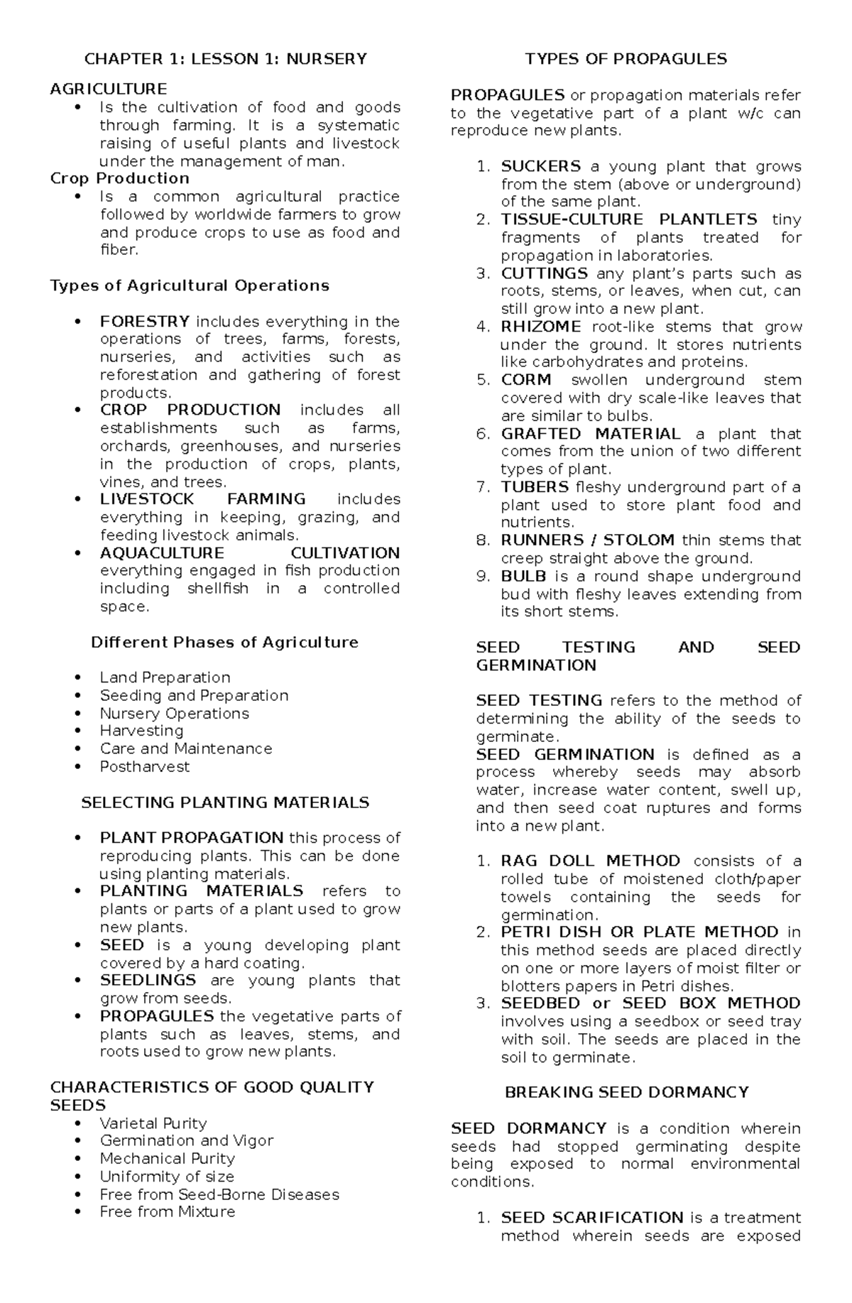 AFA2 - N/A - CHAPTER 1: LESSON 1: NURSERY AGRICULTURE Is the ...