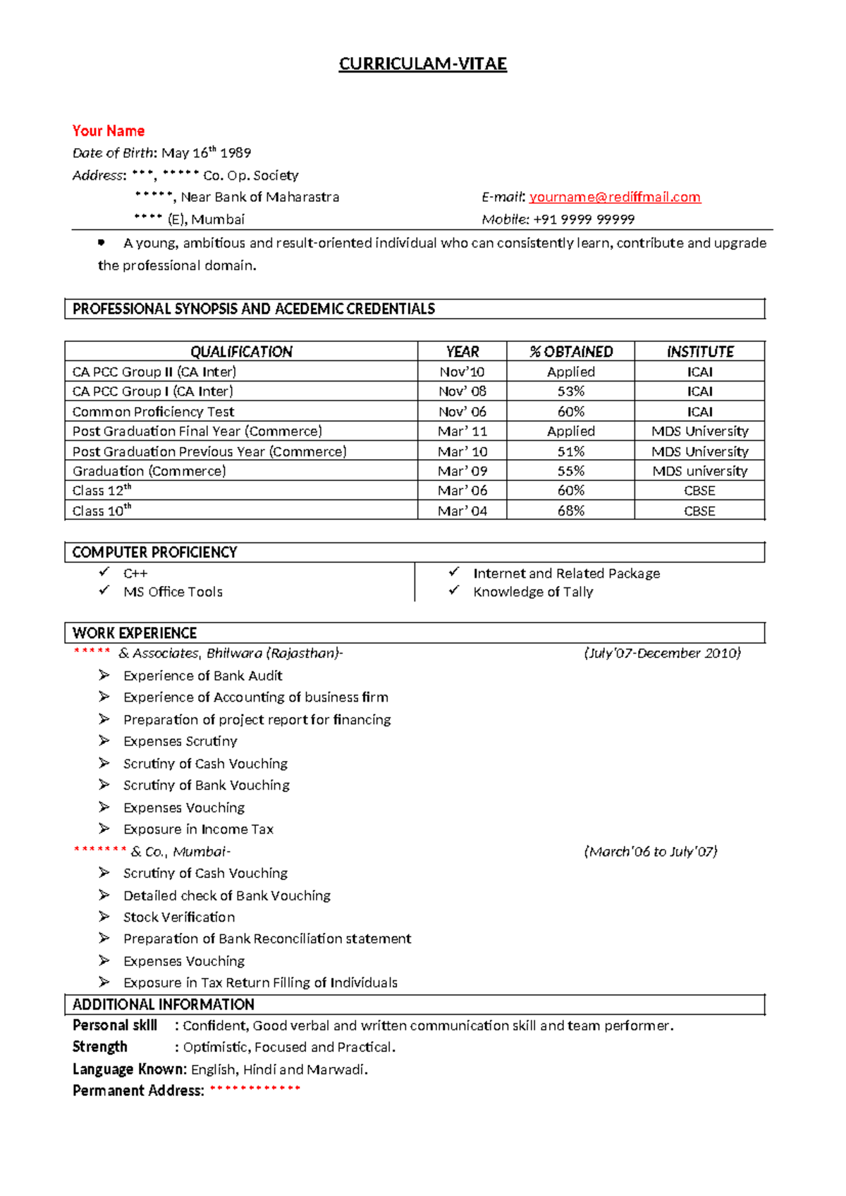 53 best cv format a helping hand resume - CURRICULAM-VITAE Your Name ...